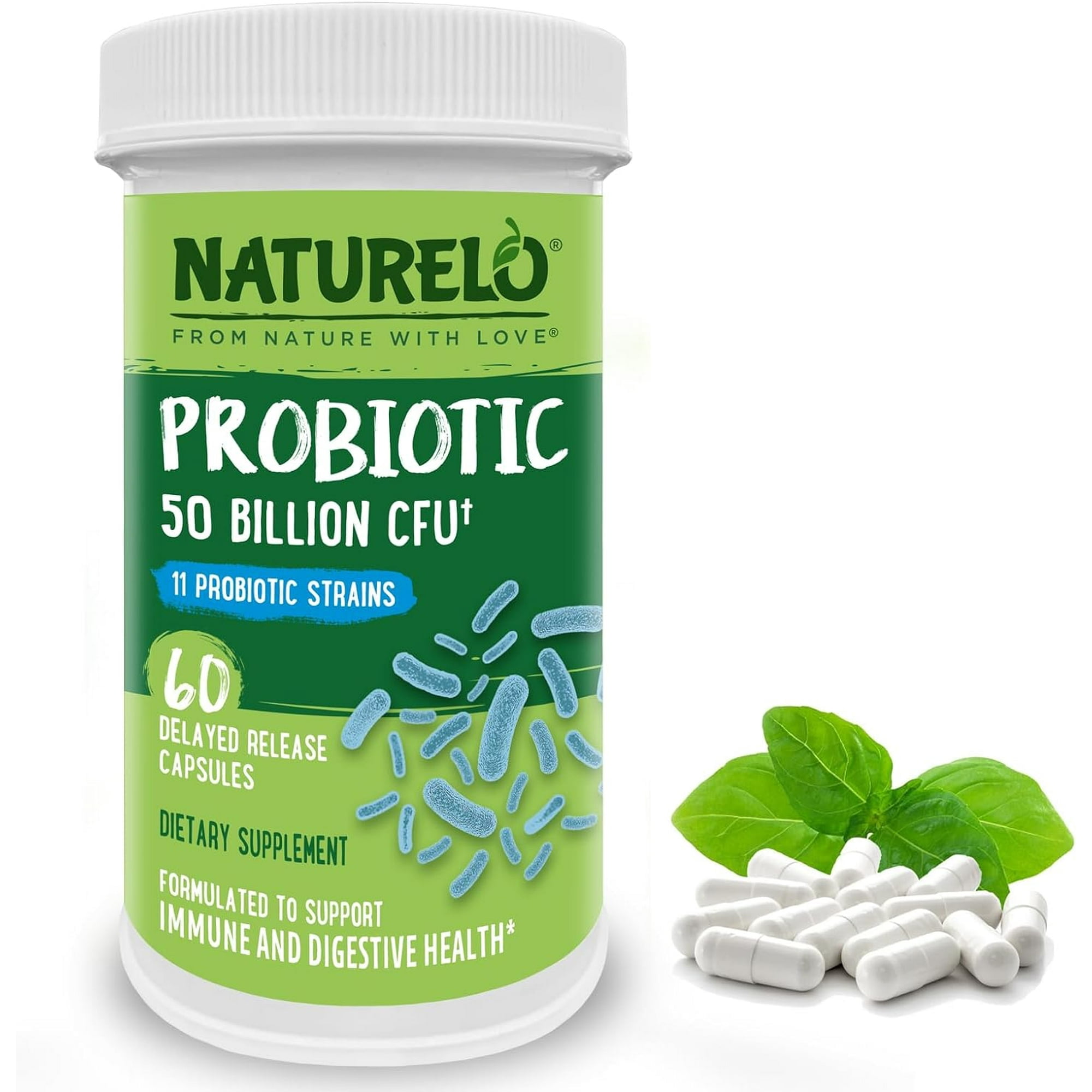 NATURELO Probiotic - 50 Billion CFU - 11 Strains - Supports Digestive & Immune Health - 60 ...