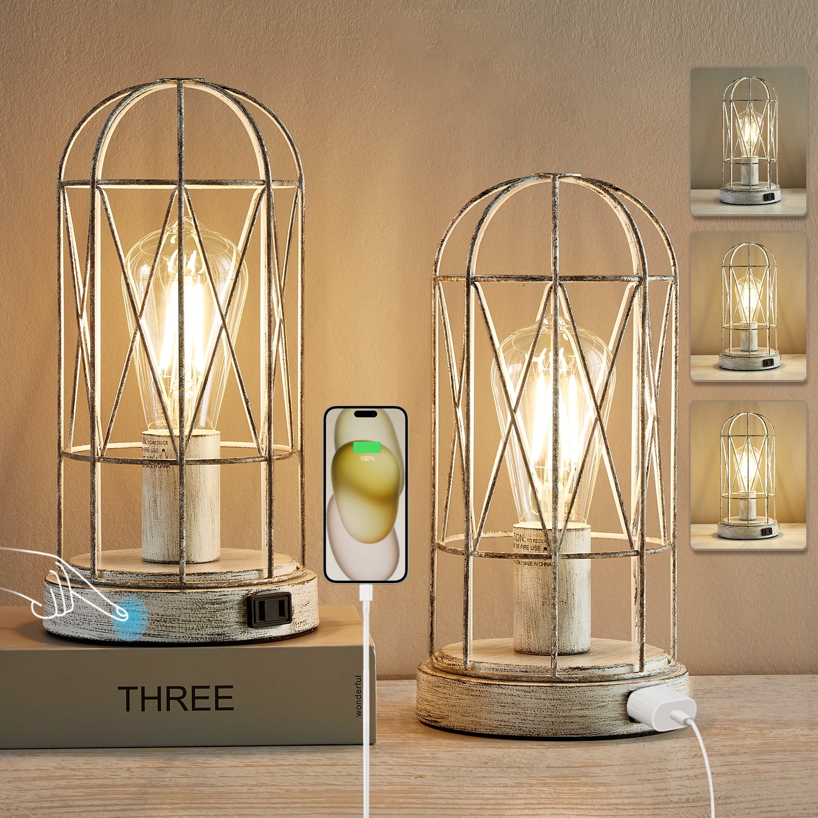 NATYSWAN Nightstand Lamps Set, 3-Way Dimmable, Industrial Design, AC ...