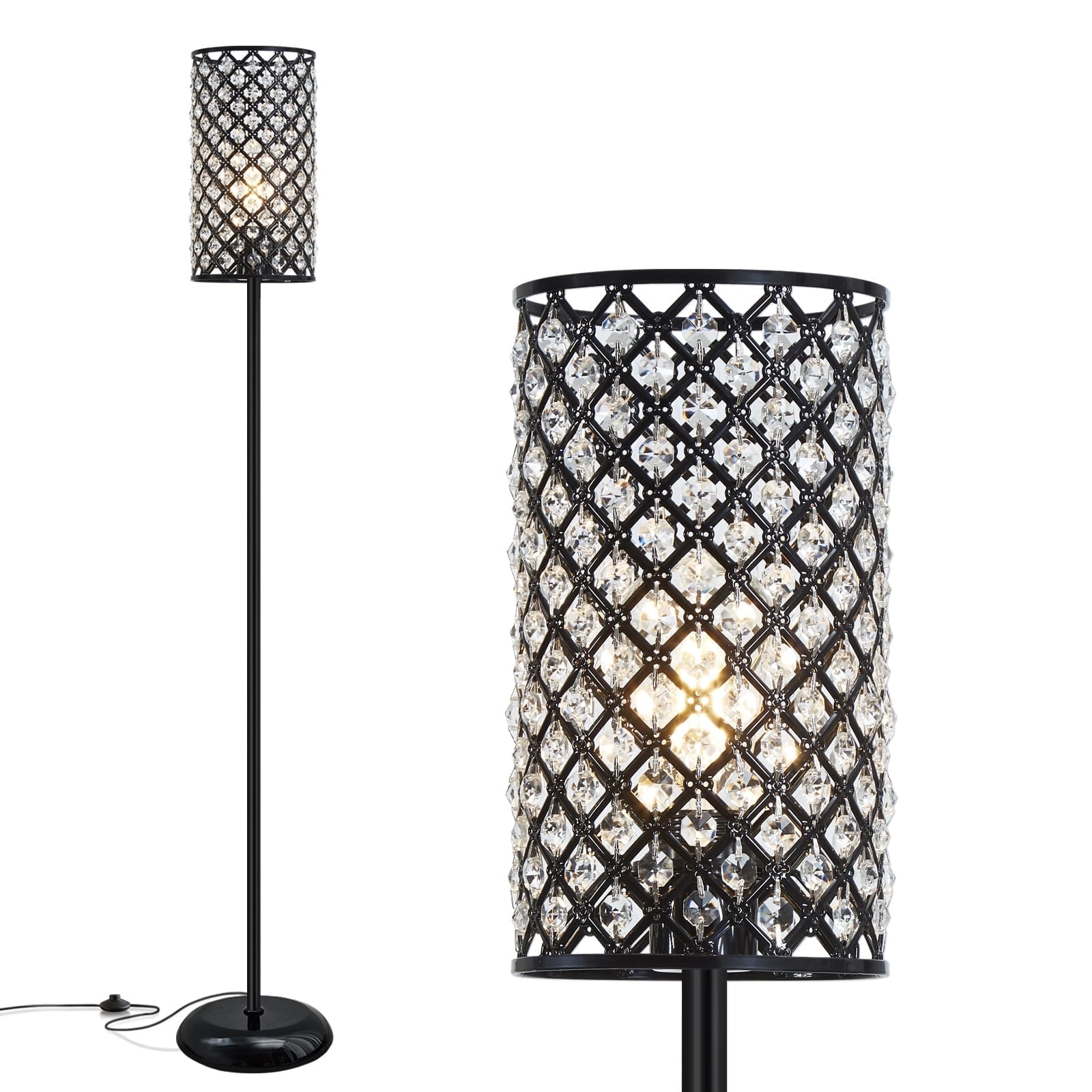 NATYSWAN Crystal Floor Lamp, Modern Black Standing Lamp with on/off ...
