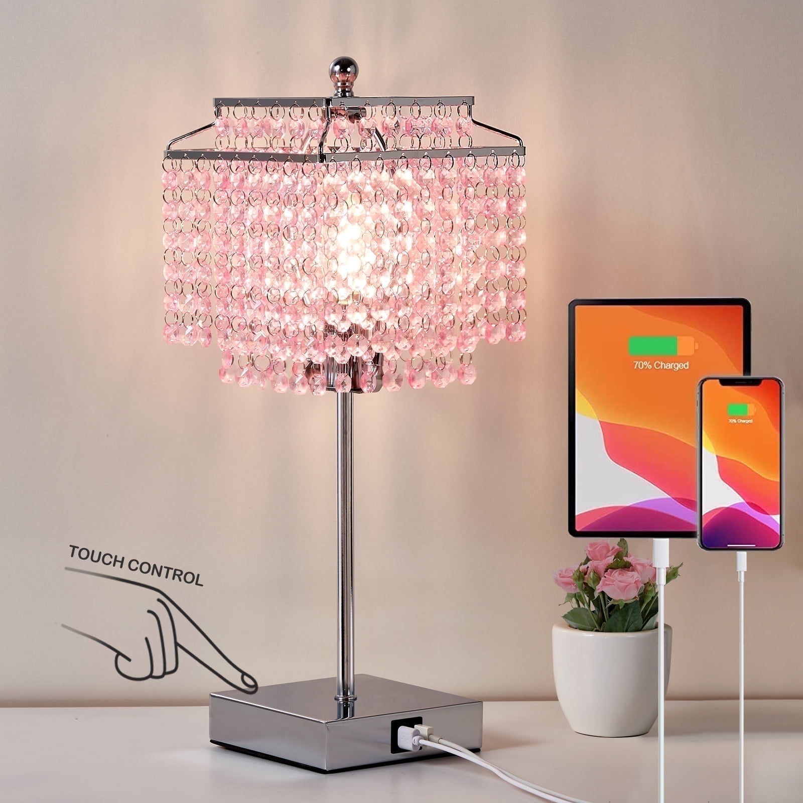 NATYSWAN Crystal Touch Table Lamp, Pink Bedside Lamp with USB C+A Ports ...