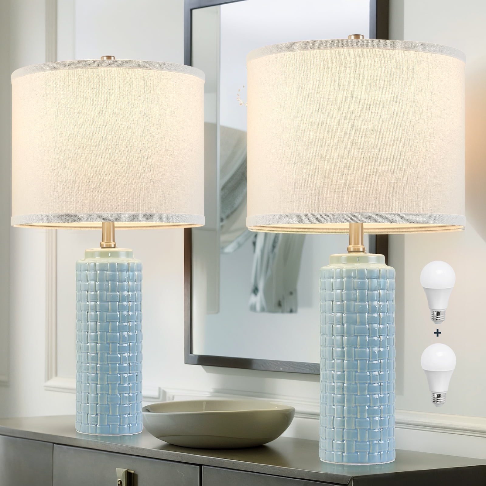 NATYSWAN 24.8" Modern Ceramic Bedside Lamp Set of 2, 3 Color ...