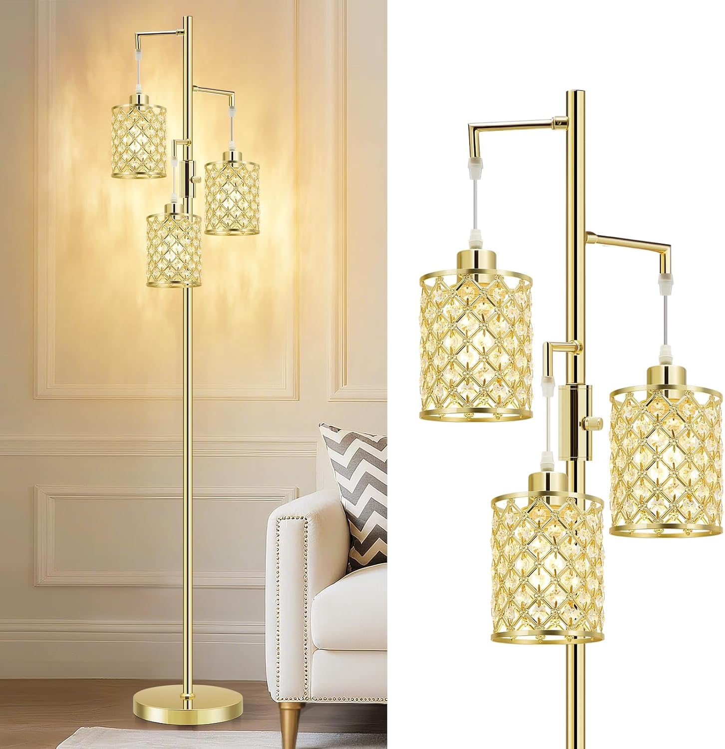NATYSWAN Morden Gold Crystal Floor Lamps for Living Room, 3-Light ...