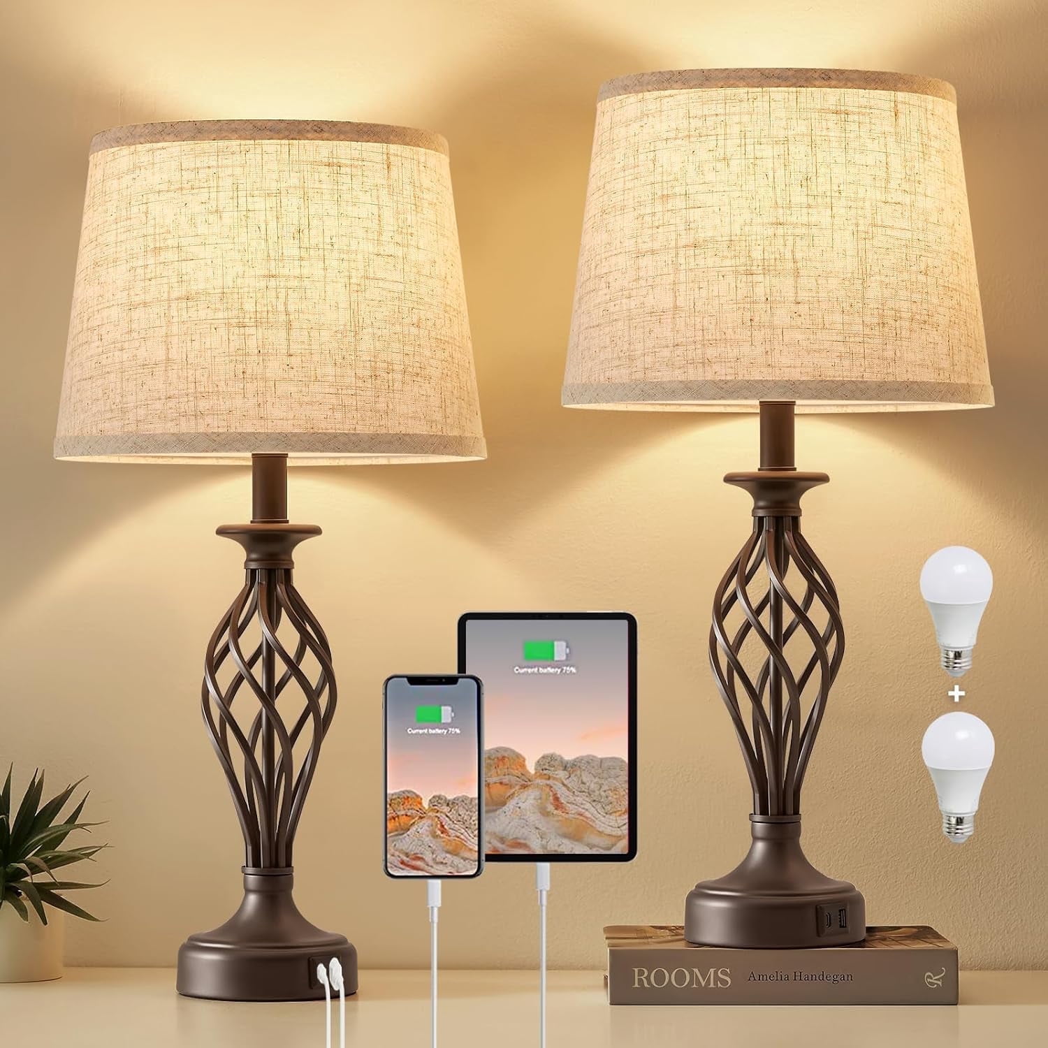 NATYSWAN Table Lamp for Bedrooms Set of 2, Modern Brown Bedside Lamps ...