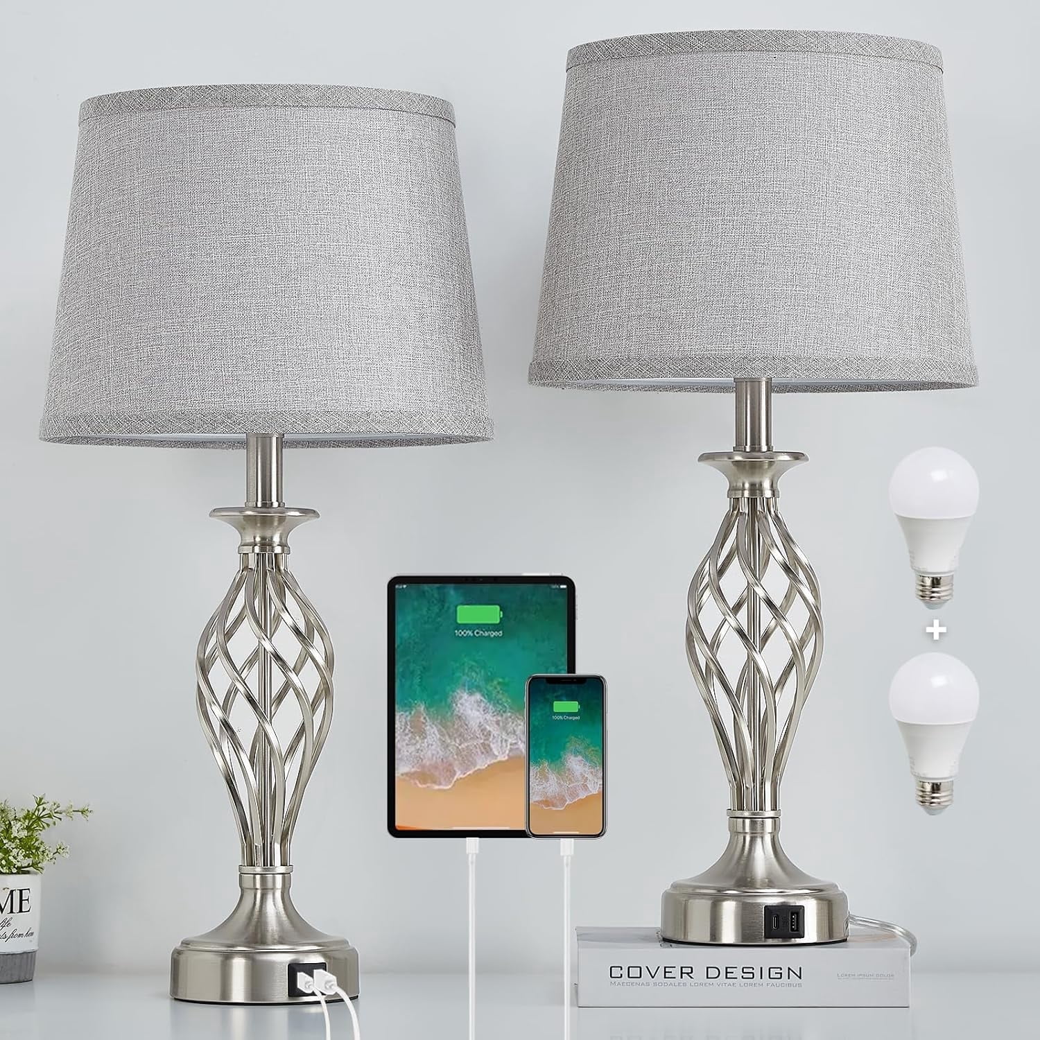 NATYSWAN Table Lamps Set of 2 for Bedroom, Bedside Lamps with USB C+A ...