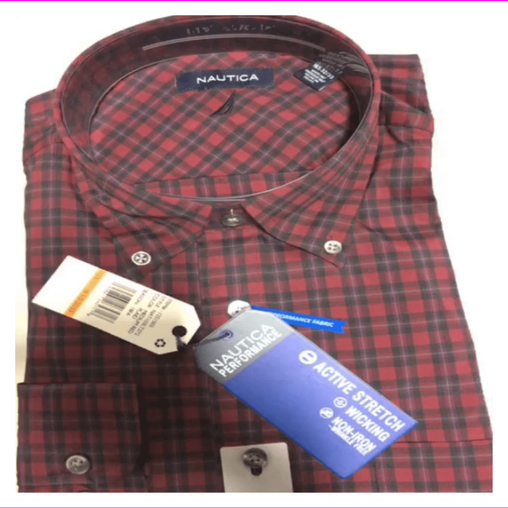 NAUTICA Men's PERF Long Sleeve DRESS SHIRT 17-36/37/Medium Red Plaid ...