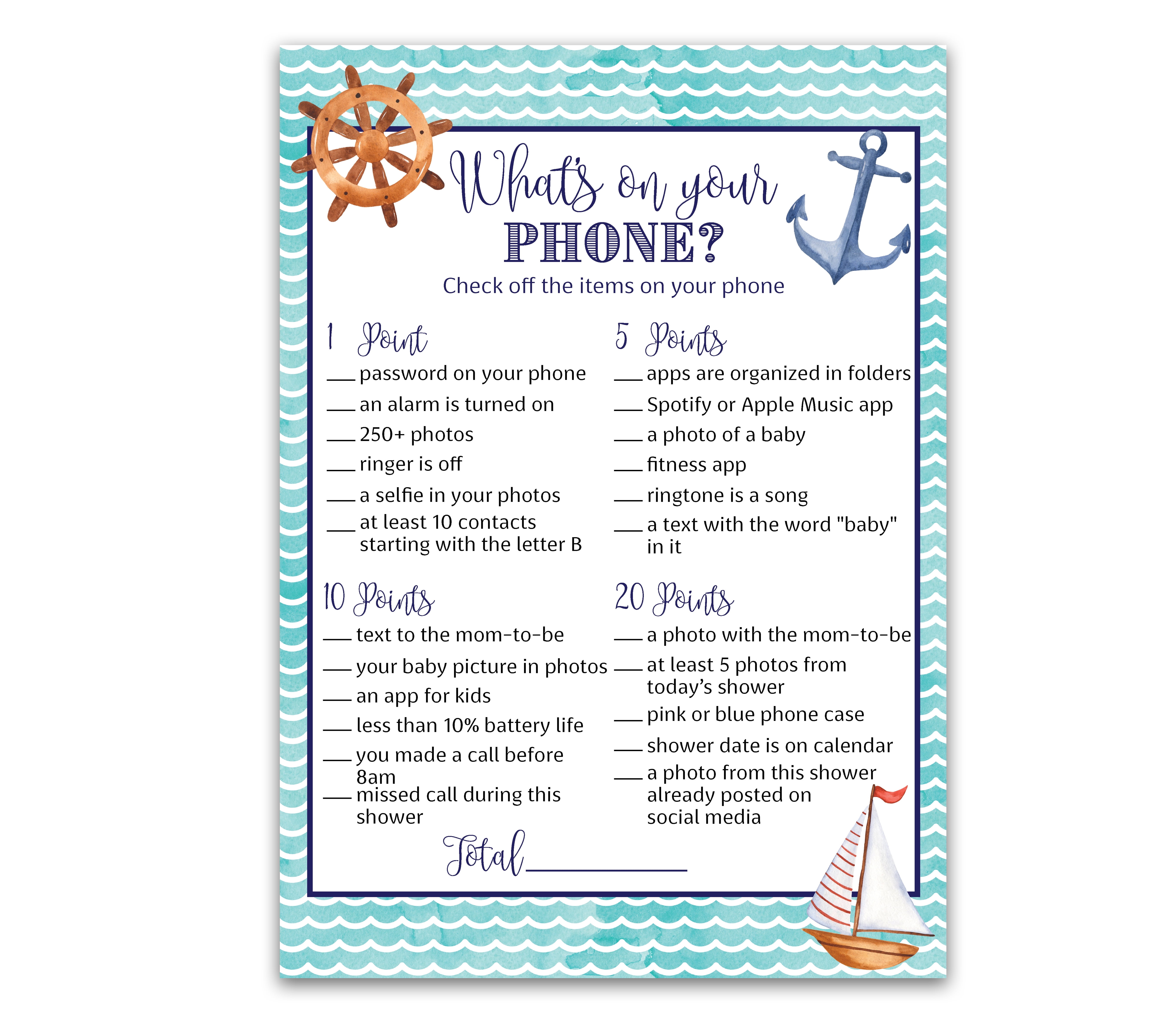 NAUTICAL Baby Shower Games — WHAT'S ON YOUR PHONE — Pack of 25, Rustic ...