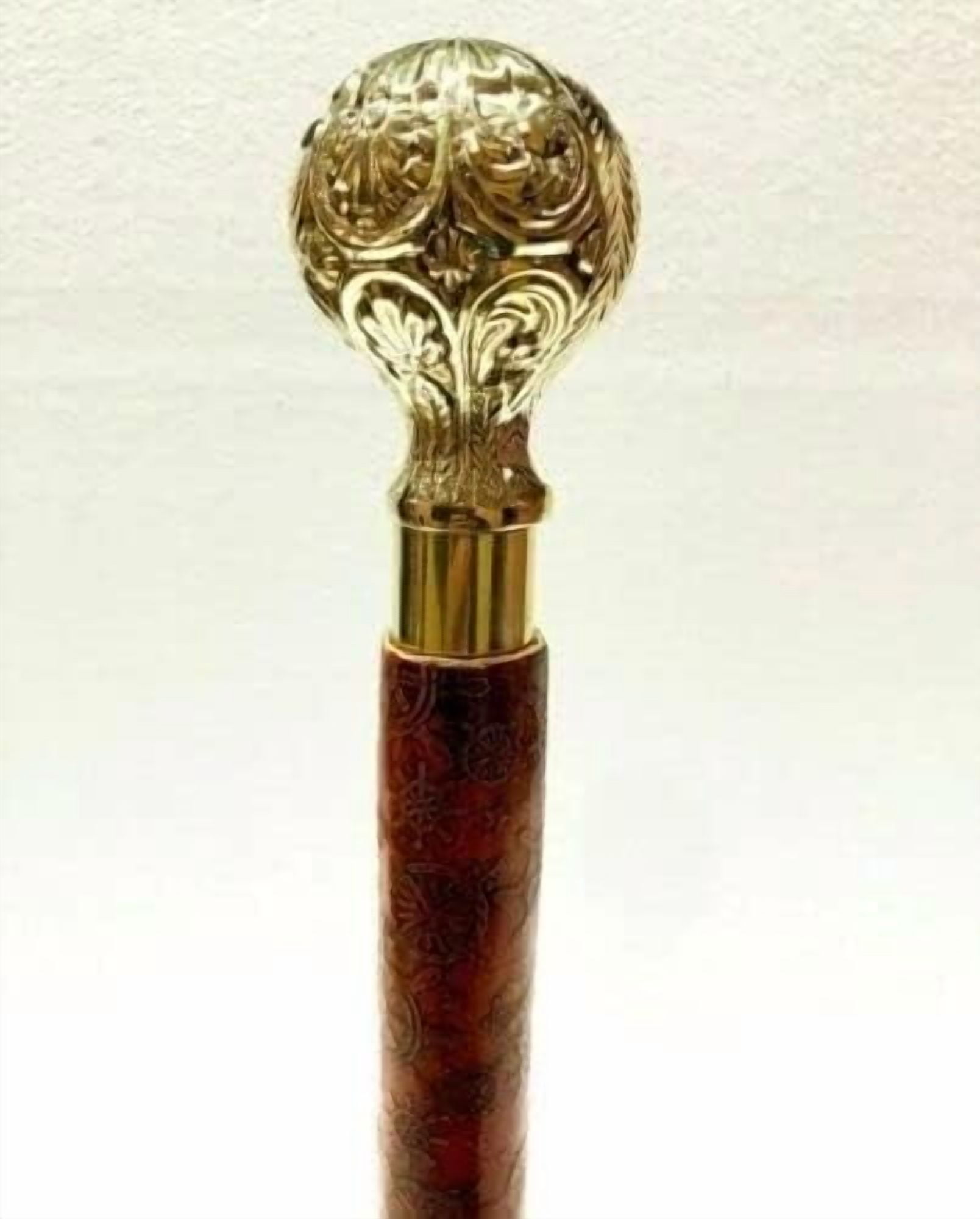 NAUTICALMARTUS Antique Brass Design Ball Designer Head Handle Leather ...