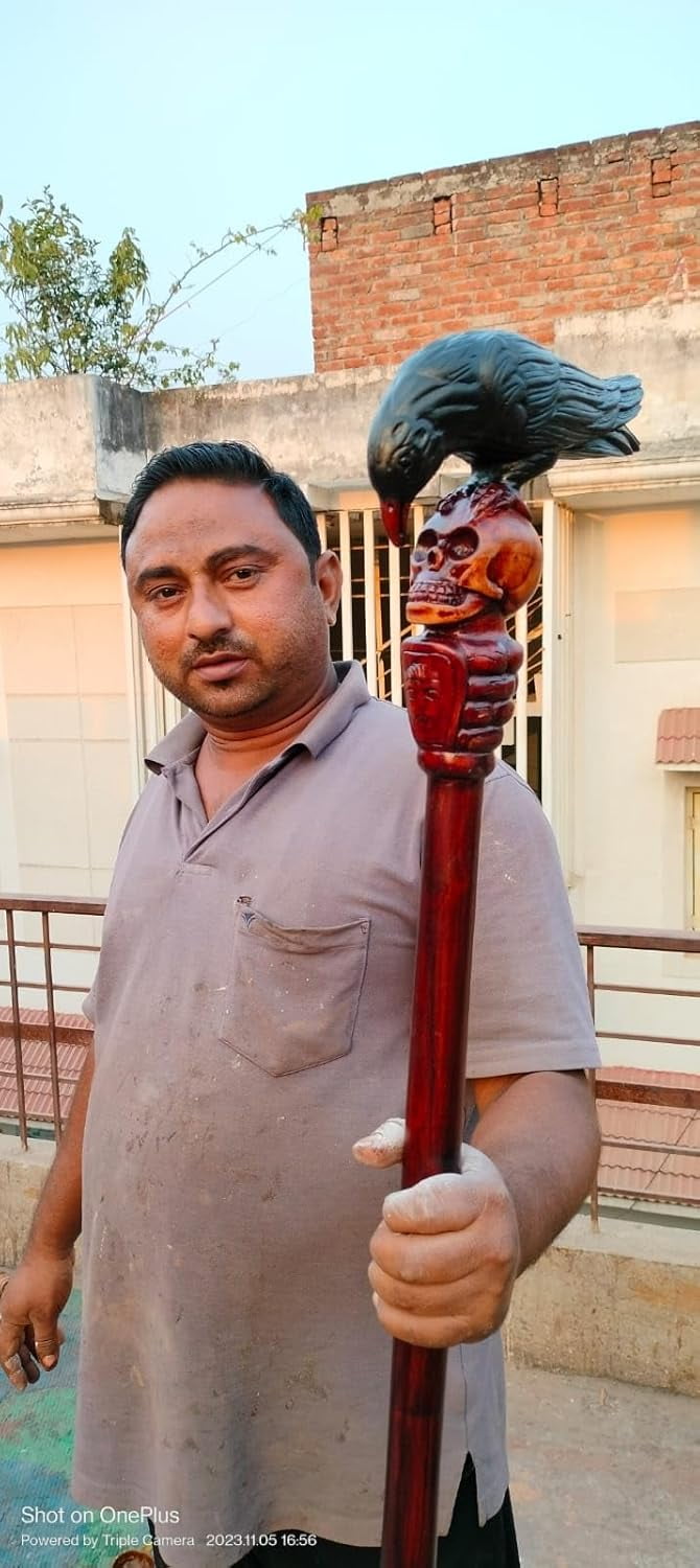 NAUTICALMARTUS Black Crow & Skull Cane Walking Stick Goth Style Wooden ...