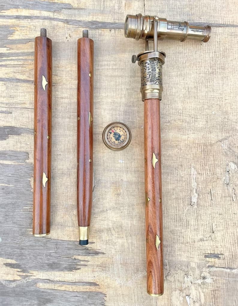 NAUTICALMARTUS Engraved Brass Walking Stick with Telescope & Direction ...