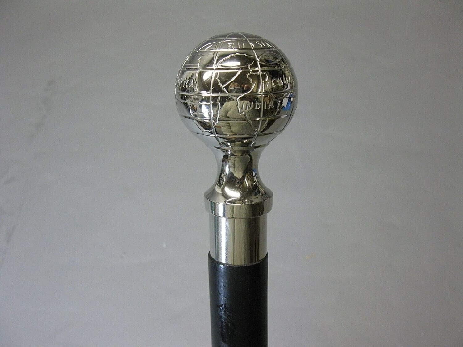 NAUTICALMARTUS Vintage Silver Globe Brass Handle Cane 36" Wooden Stick ...