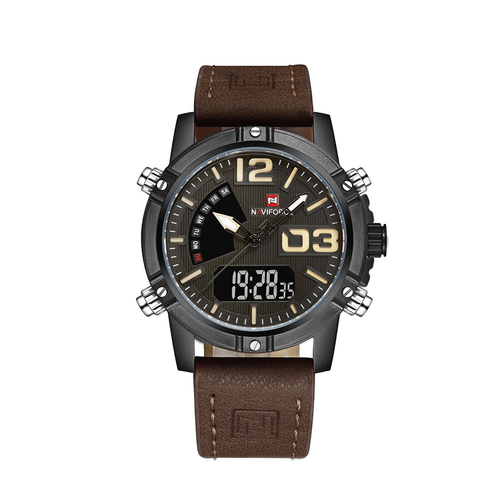 NAVIFORCE New Dual Display Quartz Digital Men Sports Watch Leather ...