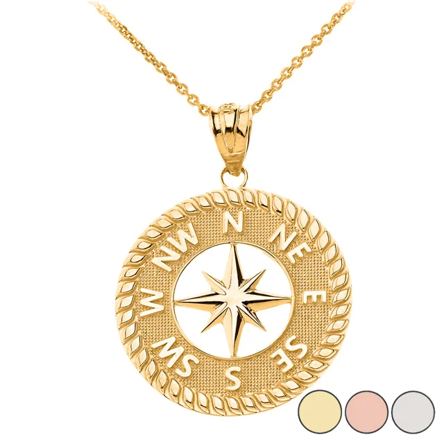 NAVIGATION COMPASS PENDANT NECKLACE IN SOLID GOLD (YELLOW/ROSE/WHITE ...