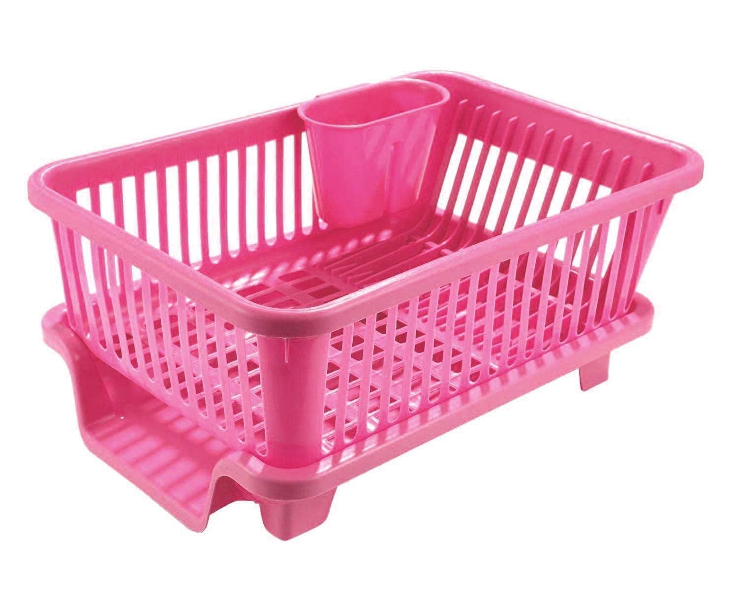 NAVRANG Pink Color Plastic Dish Drainer Rack With Drip Tray Utensil ...