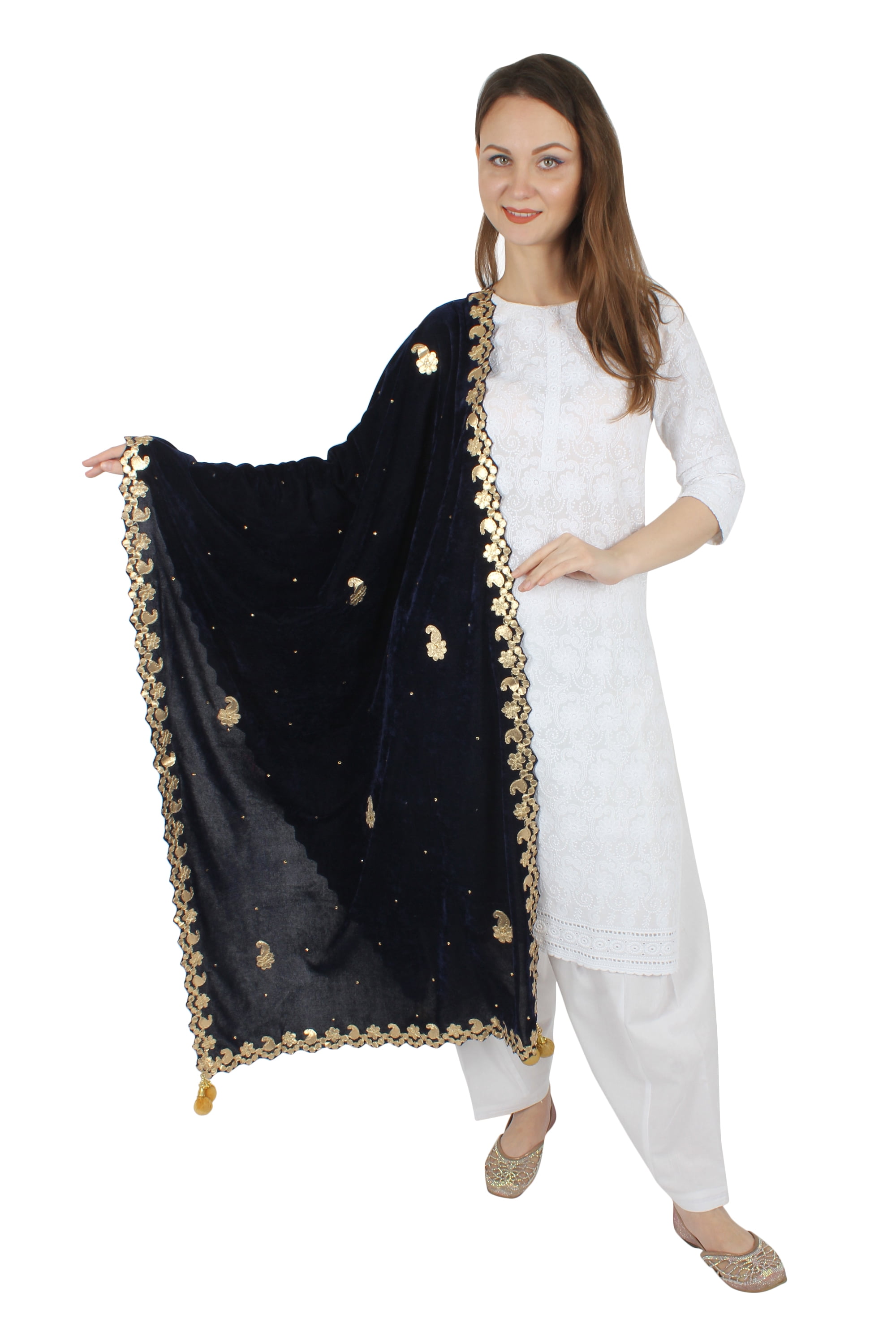 NAVY BLUE Velvet Scarf Gota Patti Four Side Work Party Wear Dupatta ...