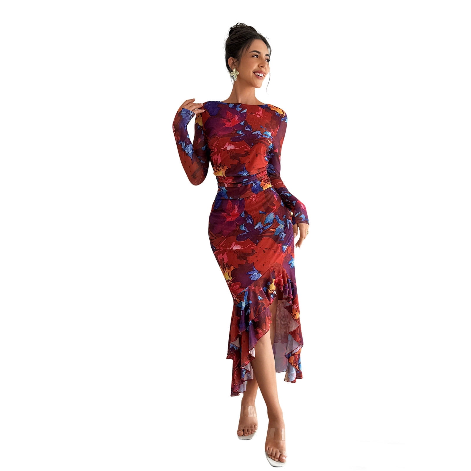 NAYTOAO Women's Spring Wedding Guest Dress 2026 Long Sleeve Ruched ...