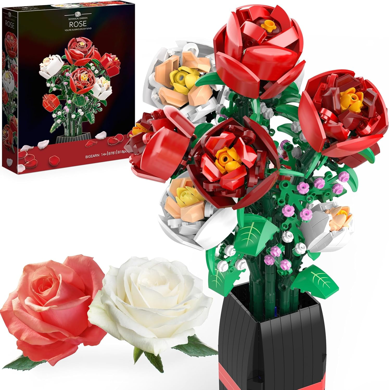NAYIHOOP Rose Flowers Bouquet Building Sets with Vase for Girls Adults Compatible with Lego ...