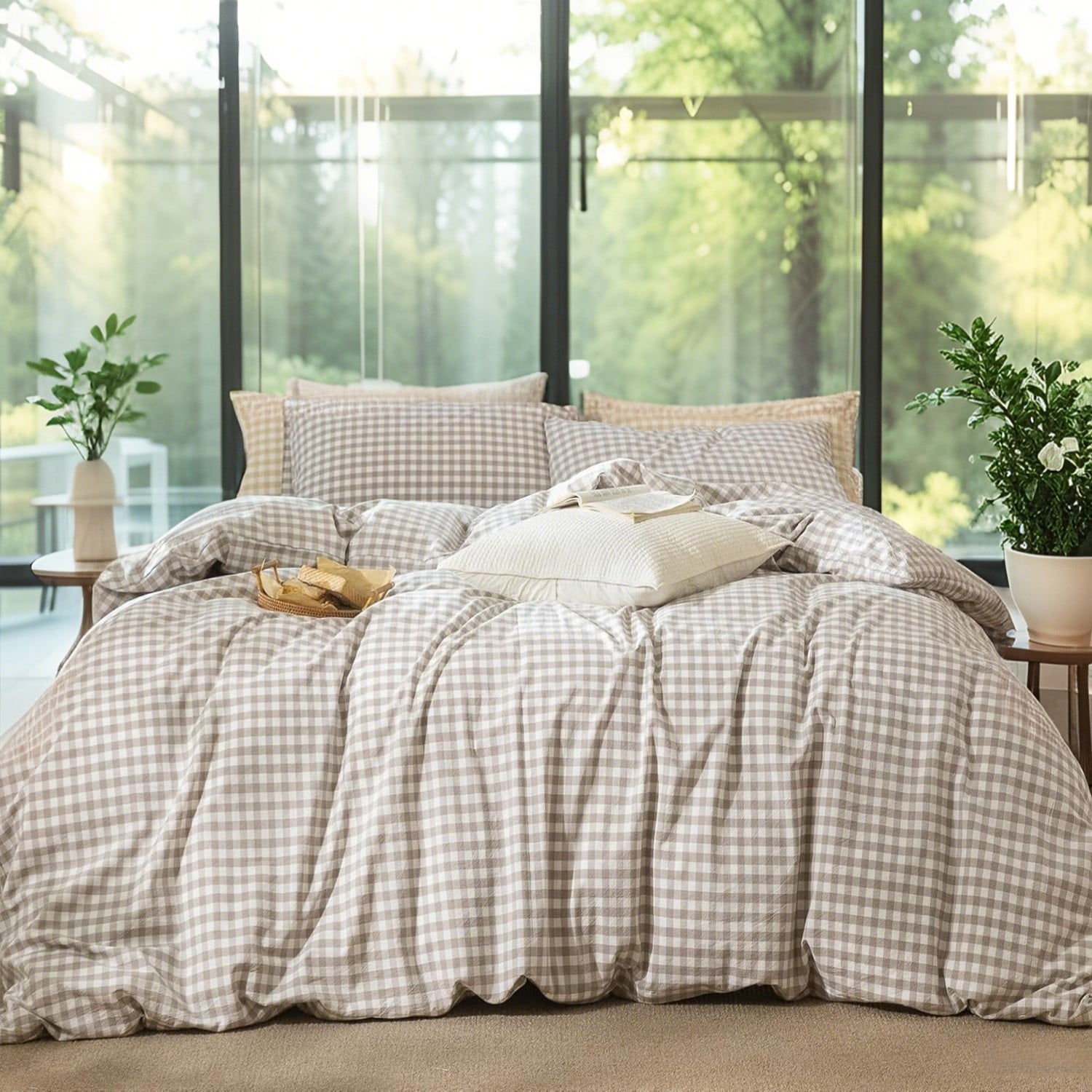 NAYOROOM 100% Organic Cotton Gingham Duvet Cover Queen Set, 3-Piece ...