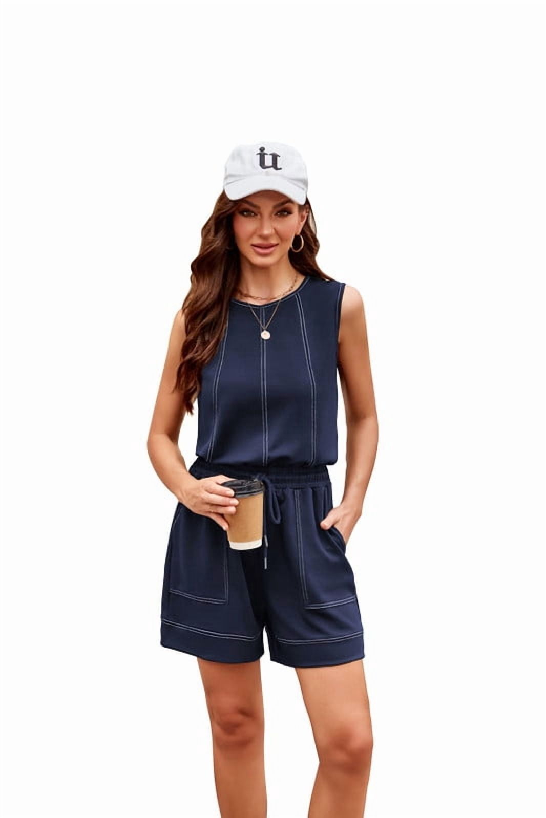 NAYTOAO Women's Contrast Stitching Sleeveless Romper, Casual Drawstring ...