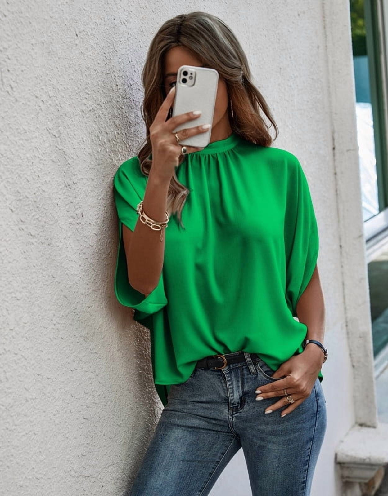 NAYTOAO Women's Mock Neck Tie Back Blouse Casual Loose Batwing Short ...