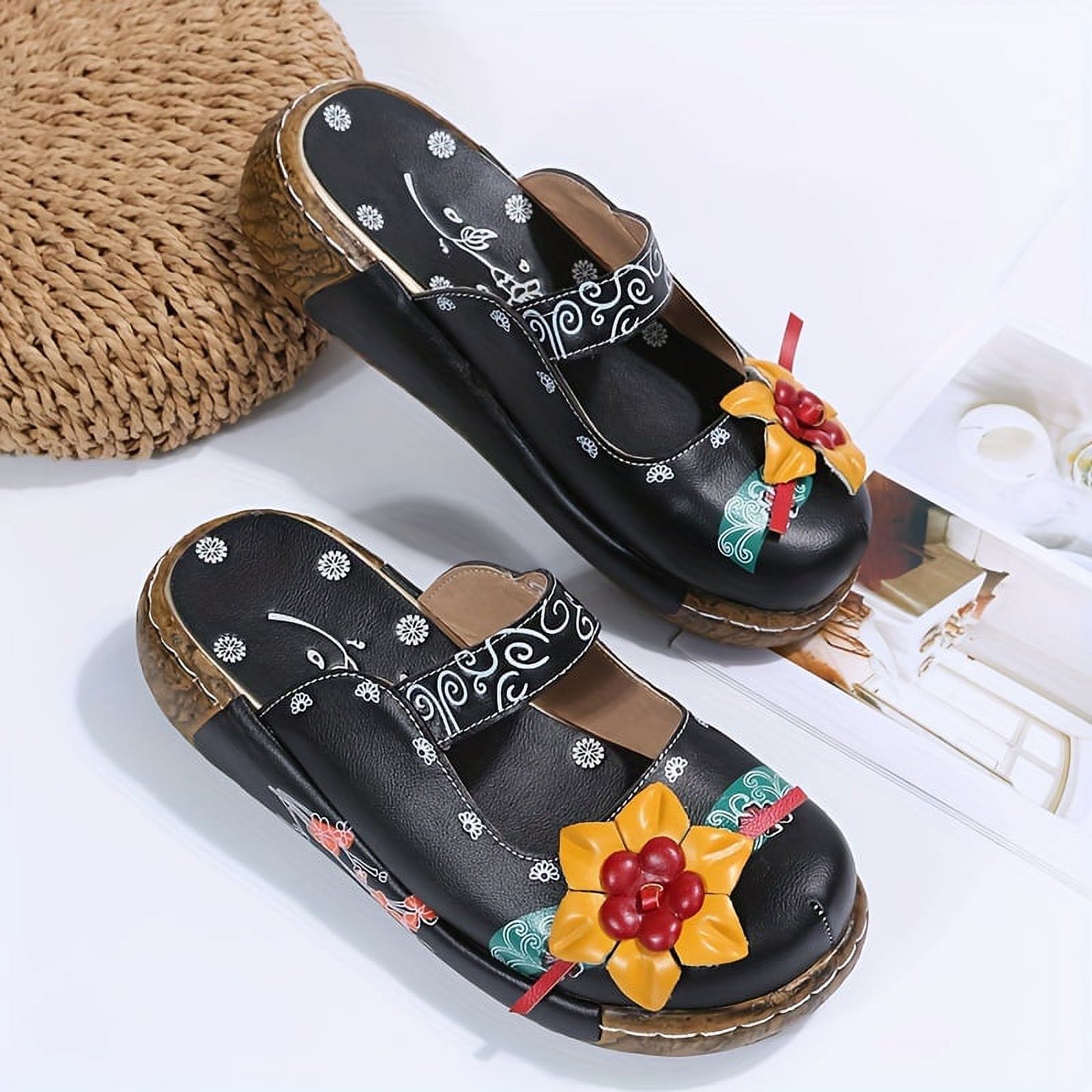 NAYUKA Retro Flower Decor Wedge Sandals Casual Round Toe Slip On ...
