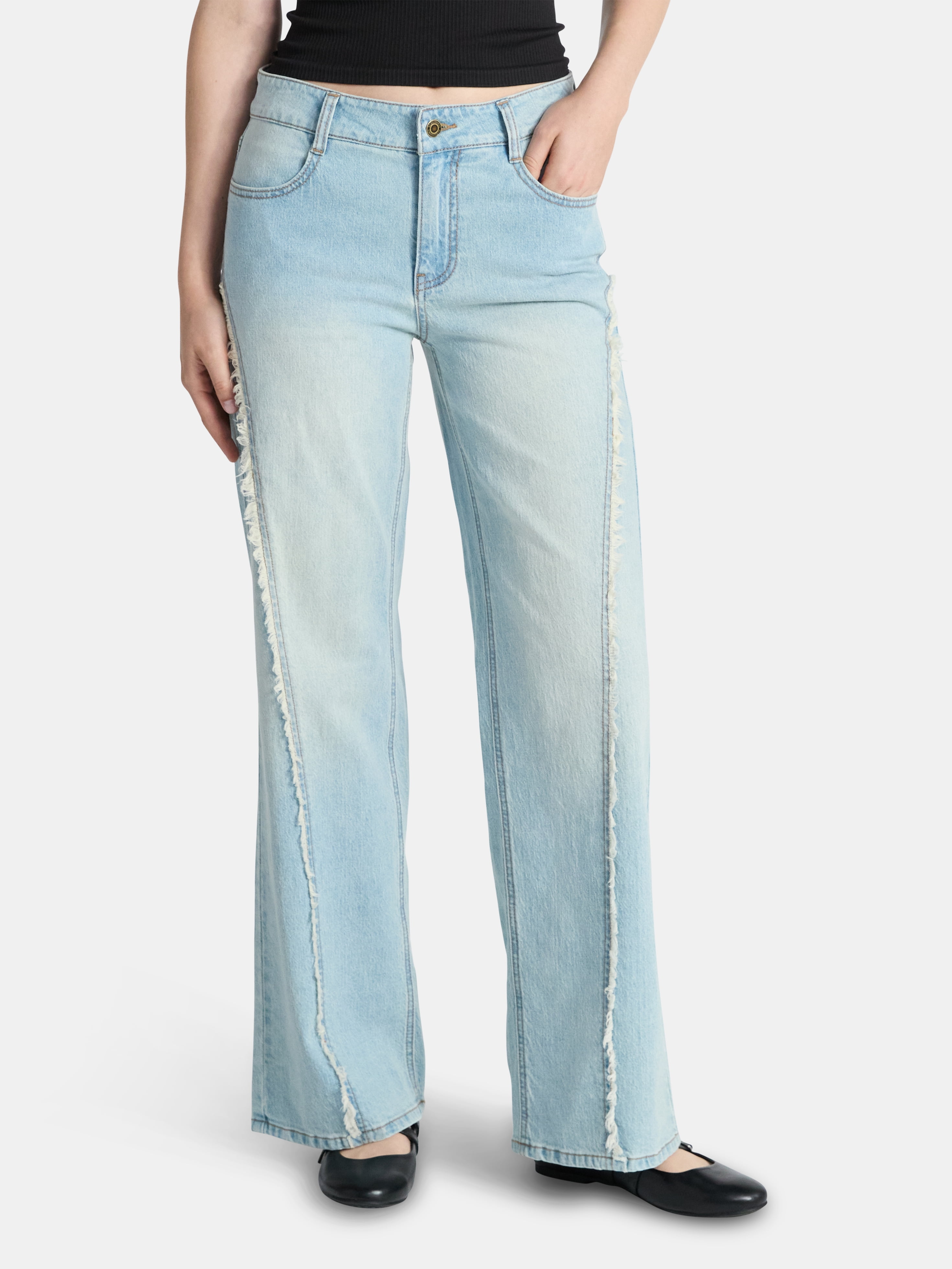 No Boundaries Baggy Wide Leg Jeans with Seams, 32" Inseam, Women's ...