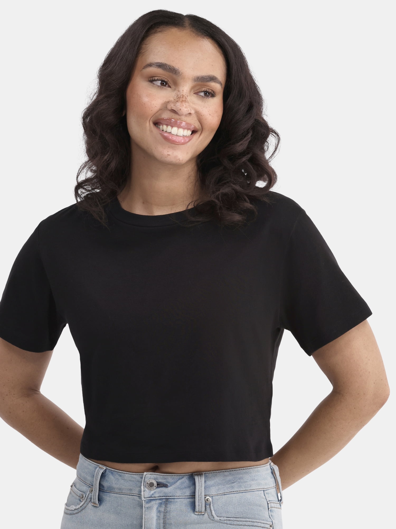 No Boundaries Cropped Boxy Cotton Tee with Short Sleeves, Women's ...