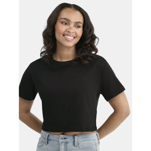No Boundaries Cropped Boxy Cotton Tee with Short Sleeves, Women's ...
