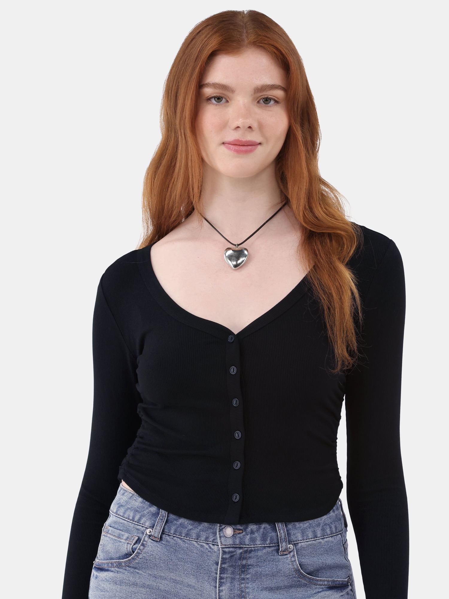 No Boundaries Button Front Top with Long Sleeves, Women's and Women's ...