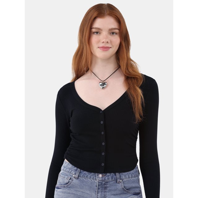 No Boundaries Button Front Top with Long Sleeves, Women's and Women's ...