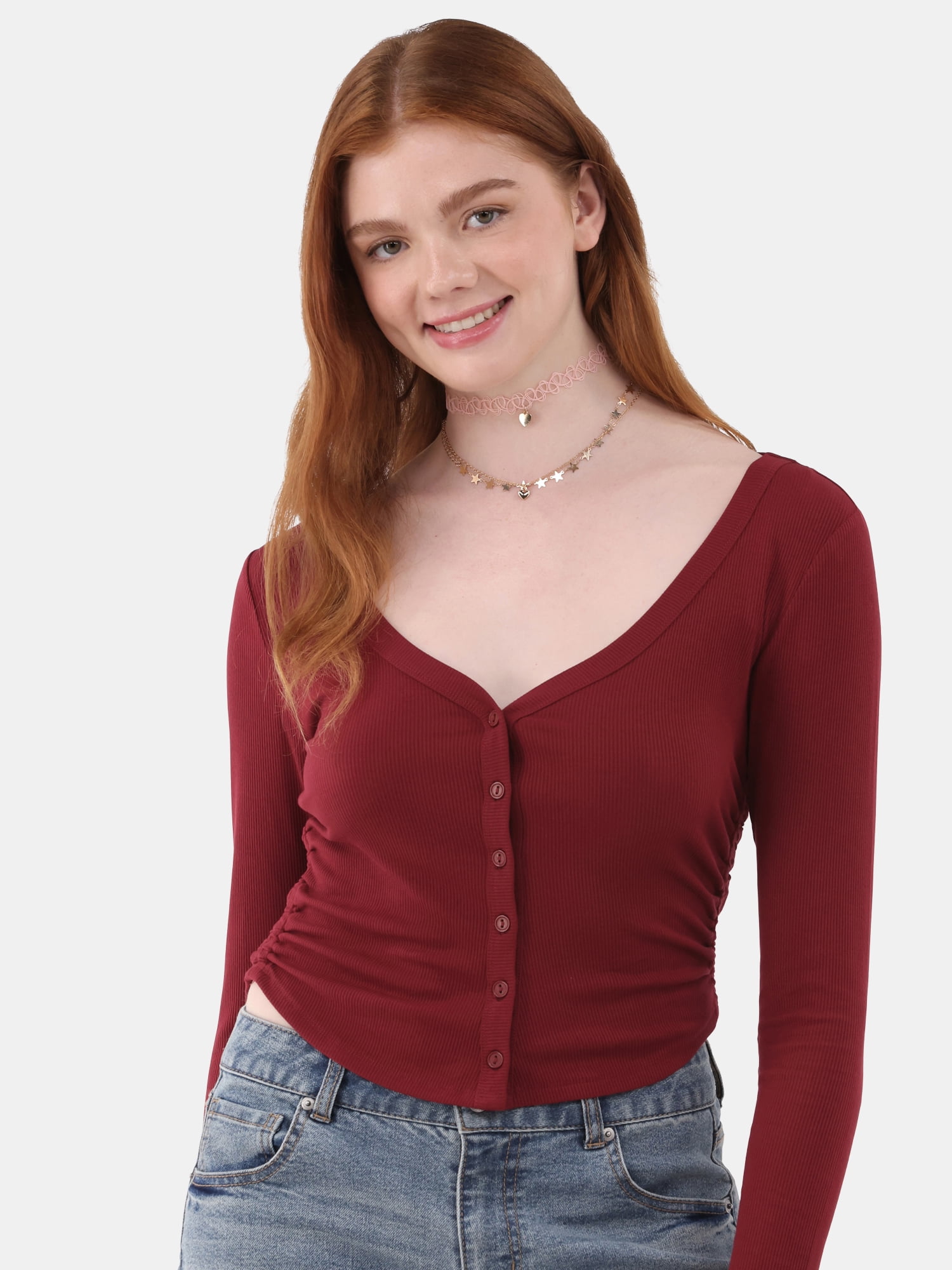 No Boundaries Women's Button-Front Top, Long Sleeves, Slim Fit, Stylish ...