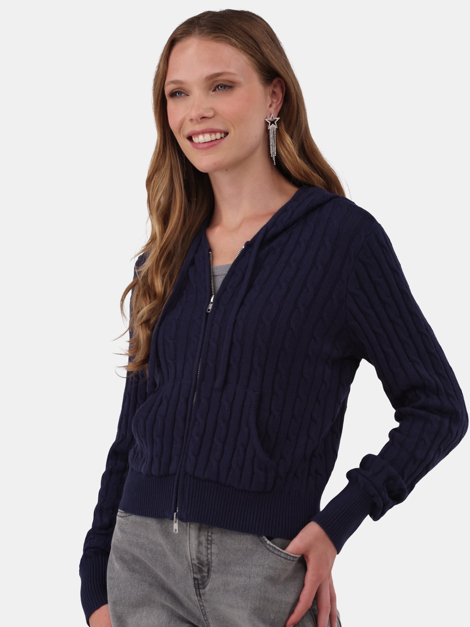 No Boundaries Cable Zip-up Hooded Cardigan, Midweight, Women's and ...