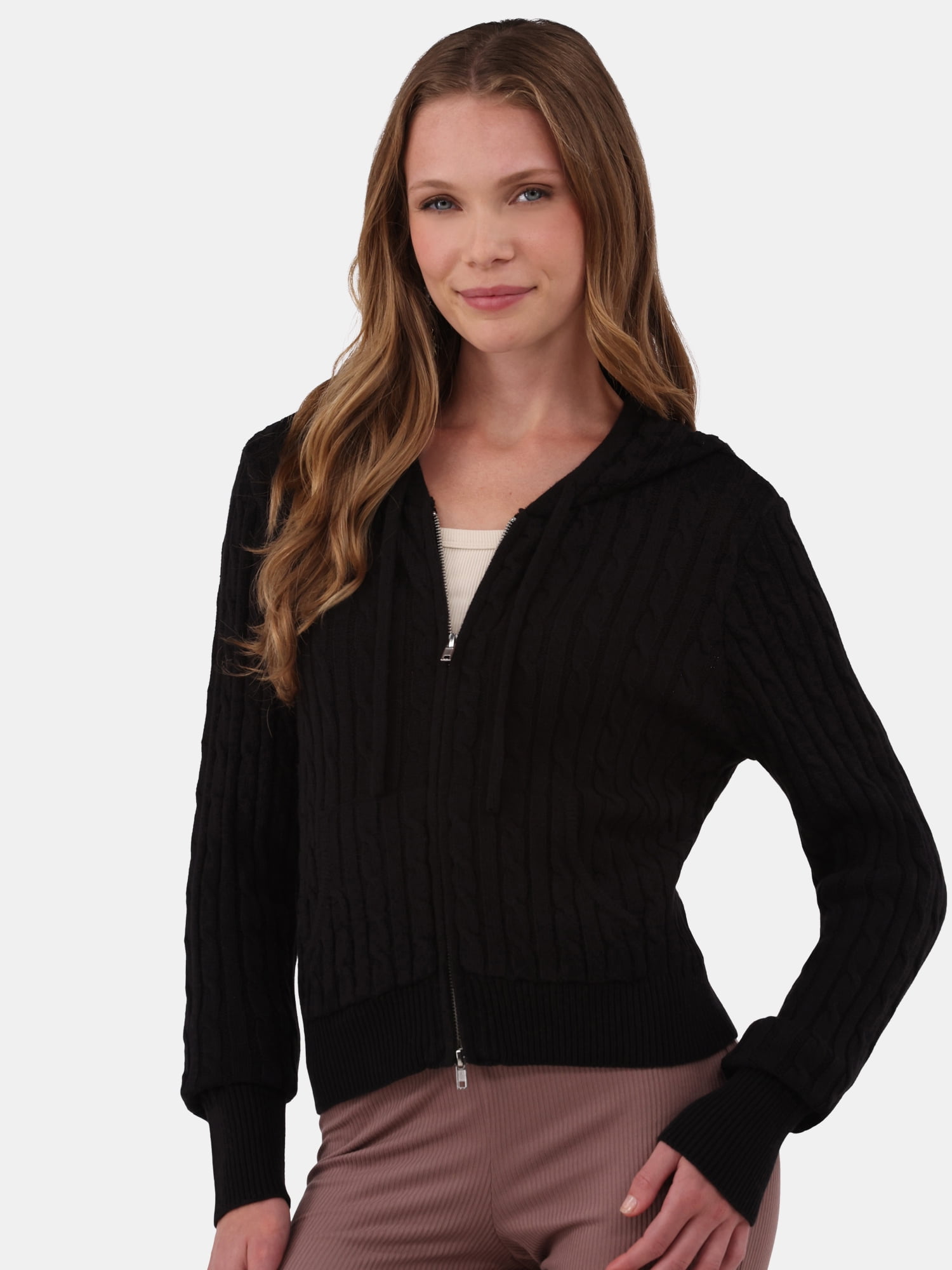 No Boundaries Cable Zip-up Hooded Cardigan, Midweight, Women's and ...