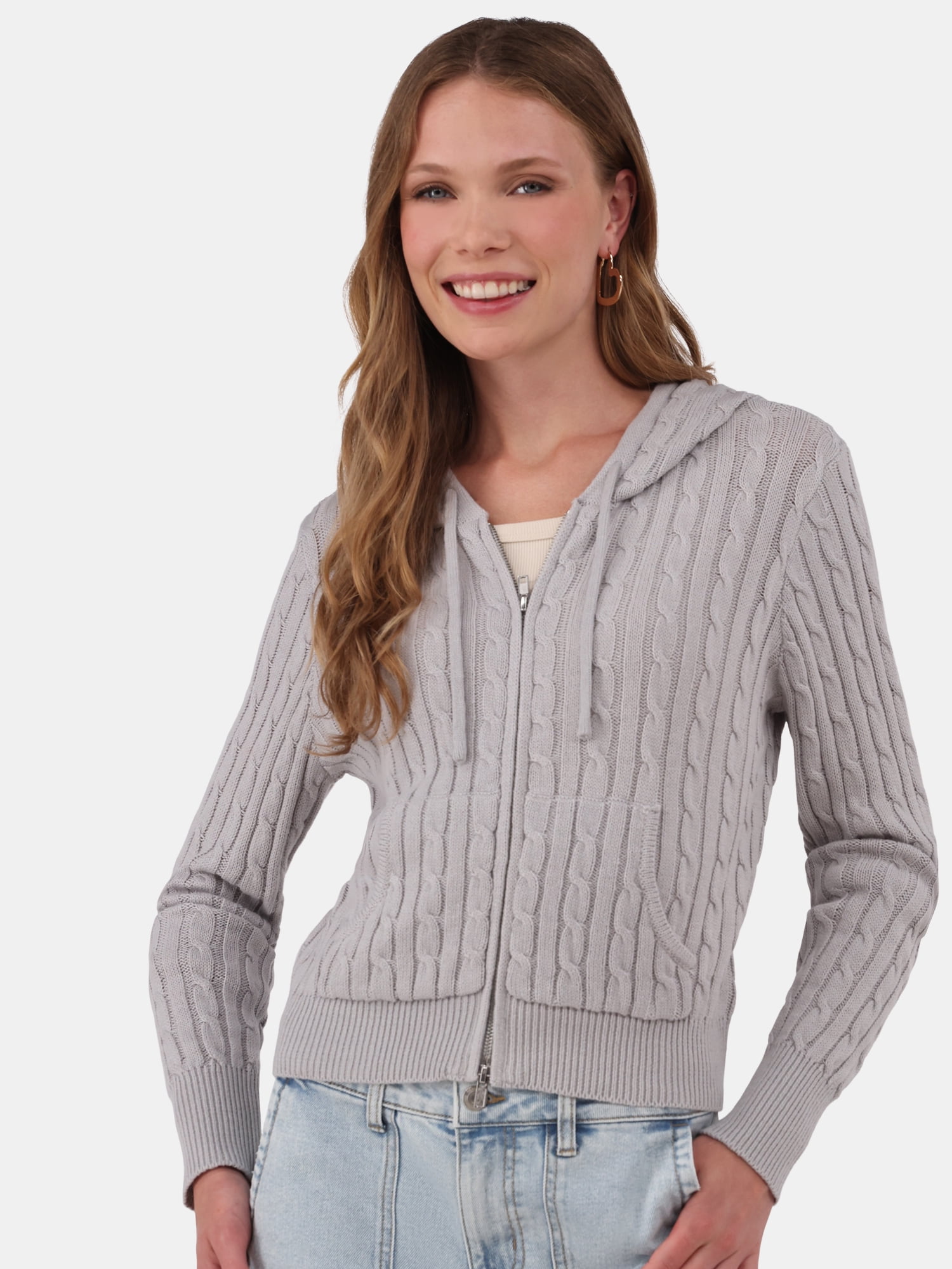 No Boundaries Cable Zip-up Hooded Cardigan, Midweight, Women's and ...