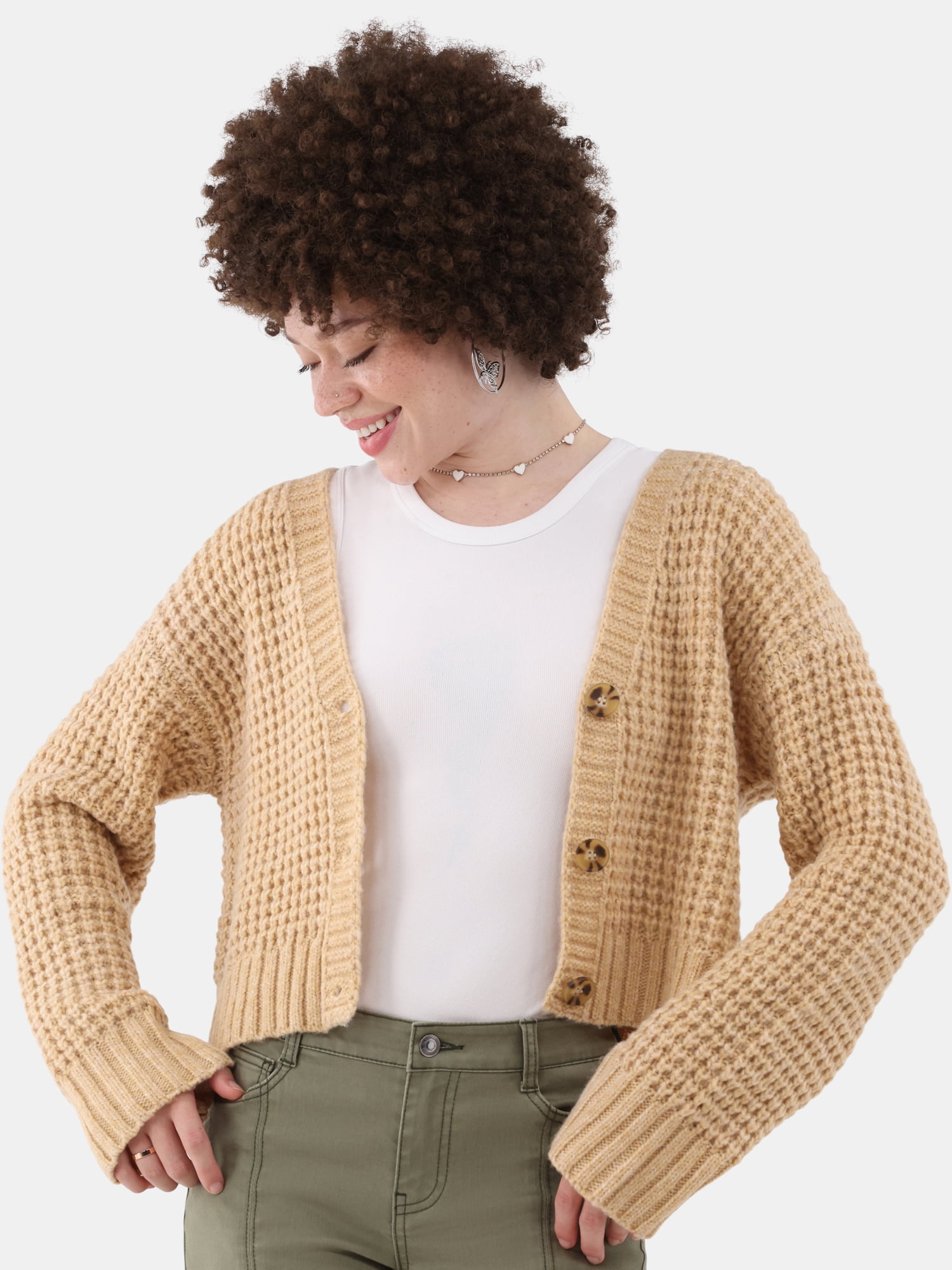 No Boundaries Women's Chunky Knit Cardigan Sweater, Comfy Relaxed Fit ...