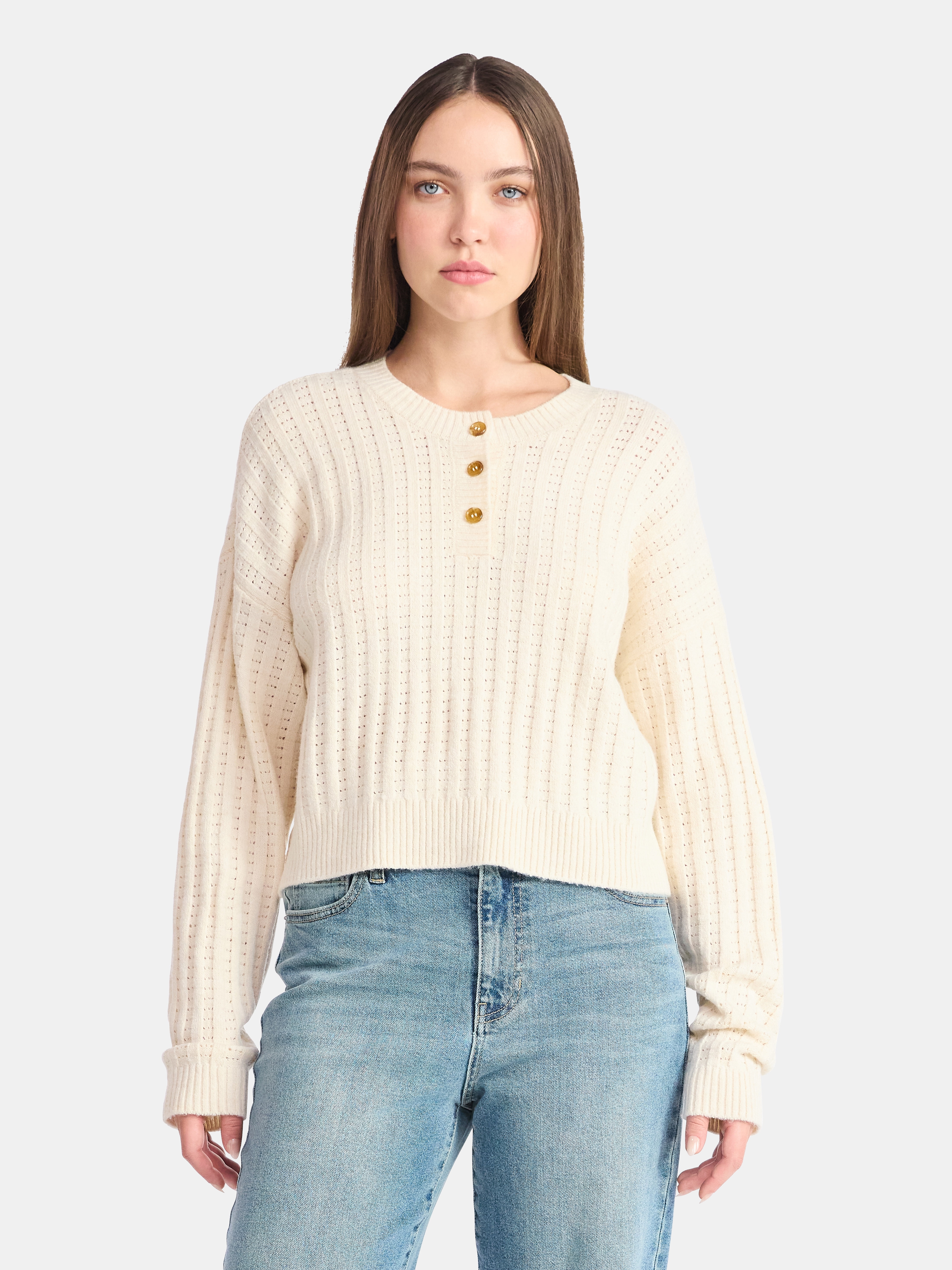 No Boundaries Pointelle Henley Pullover, Women's - Walmart.com
