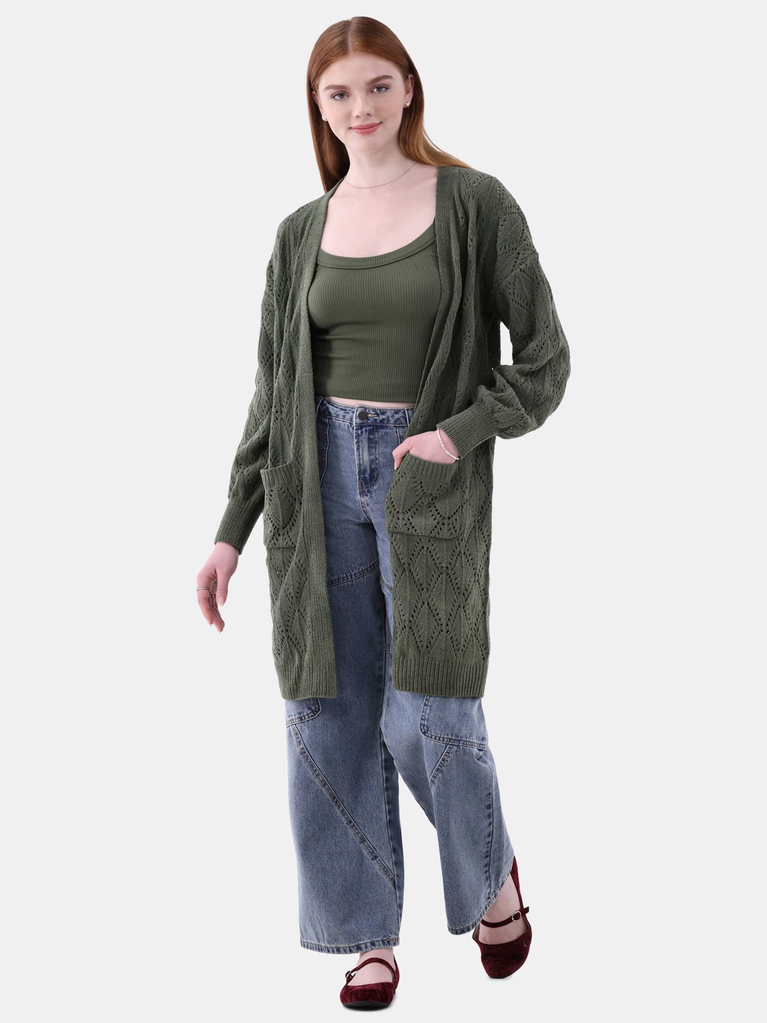 No Boundaries Women's Pointelle Duster Cardigan with Pockets, XS-2XL ...