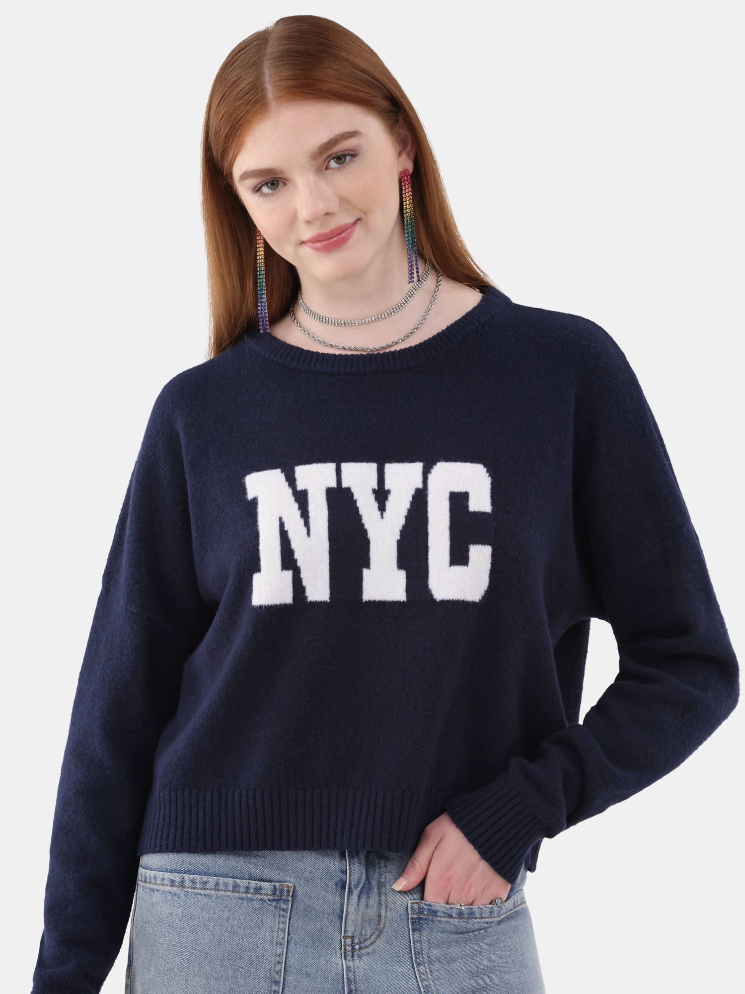 No Boundaries Cropped Conversation Sweater, Midweight, Women’s and ...