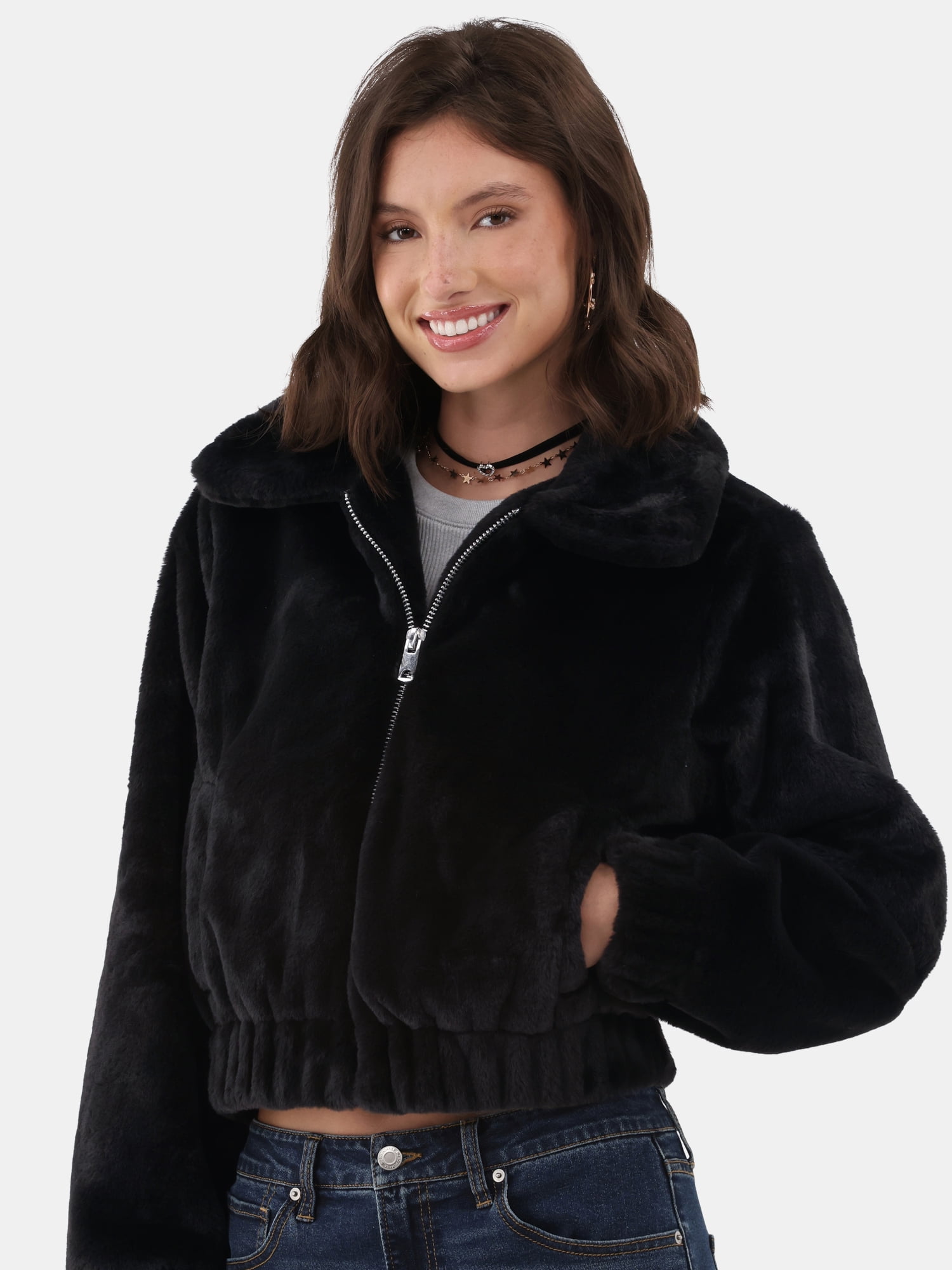 No Boundaries Faux Fur Bomber Jacket, Women's and Women's Plus ...