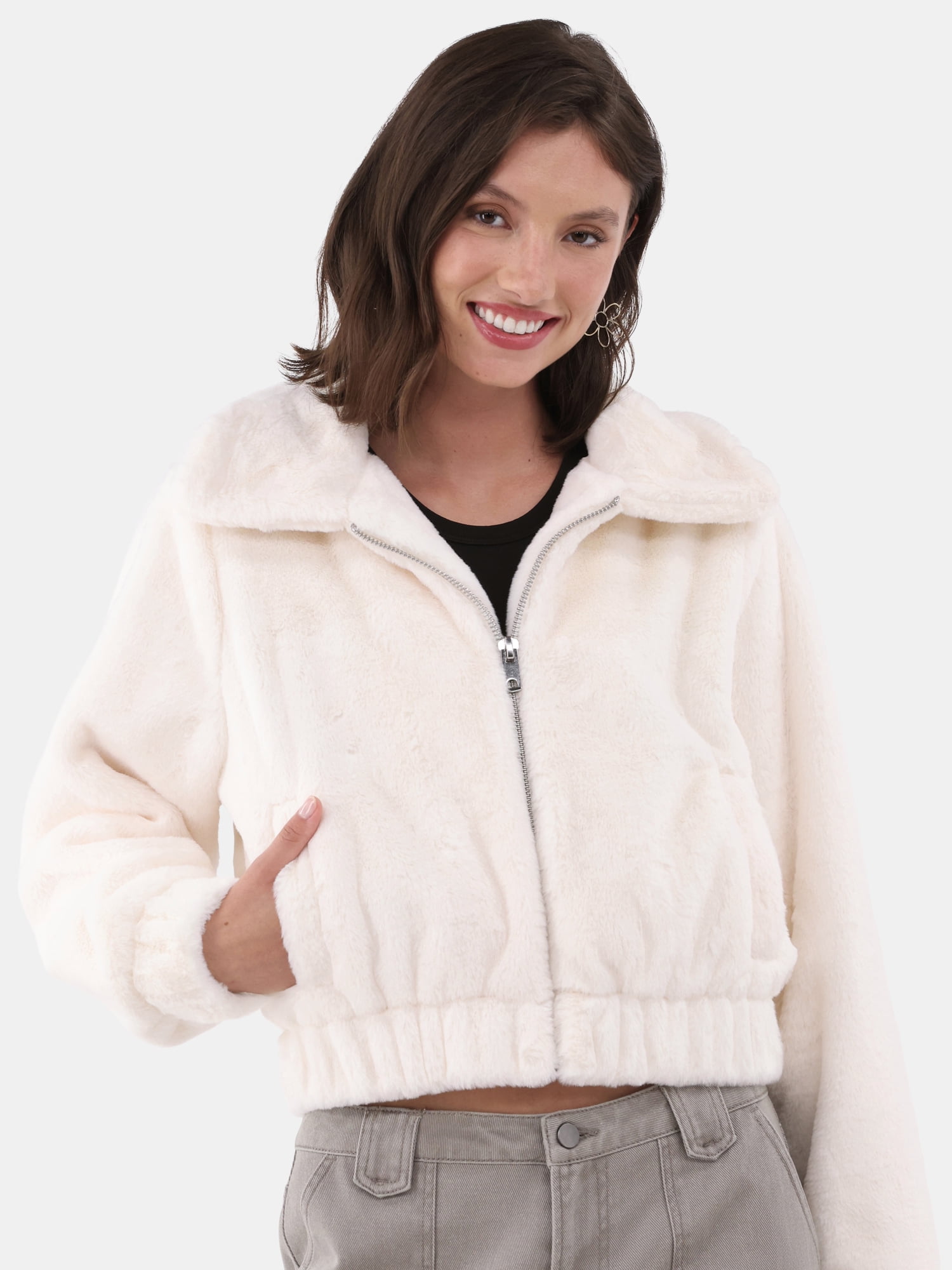 No Boundaries Faux Fur Bomber Jacket, Women's and Women's Plus ...