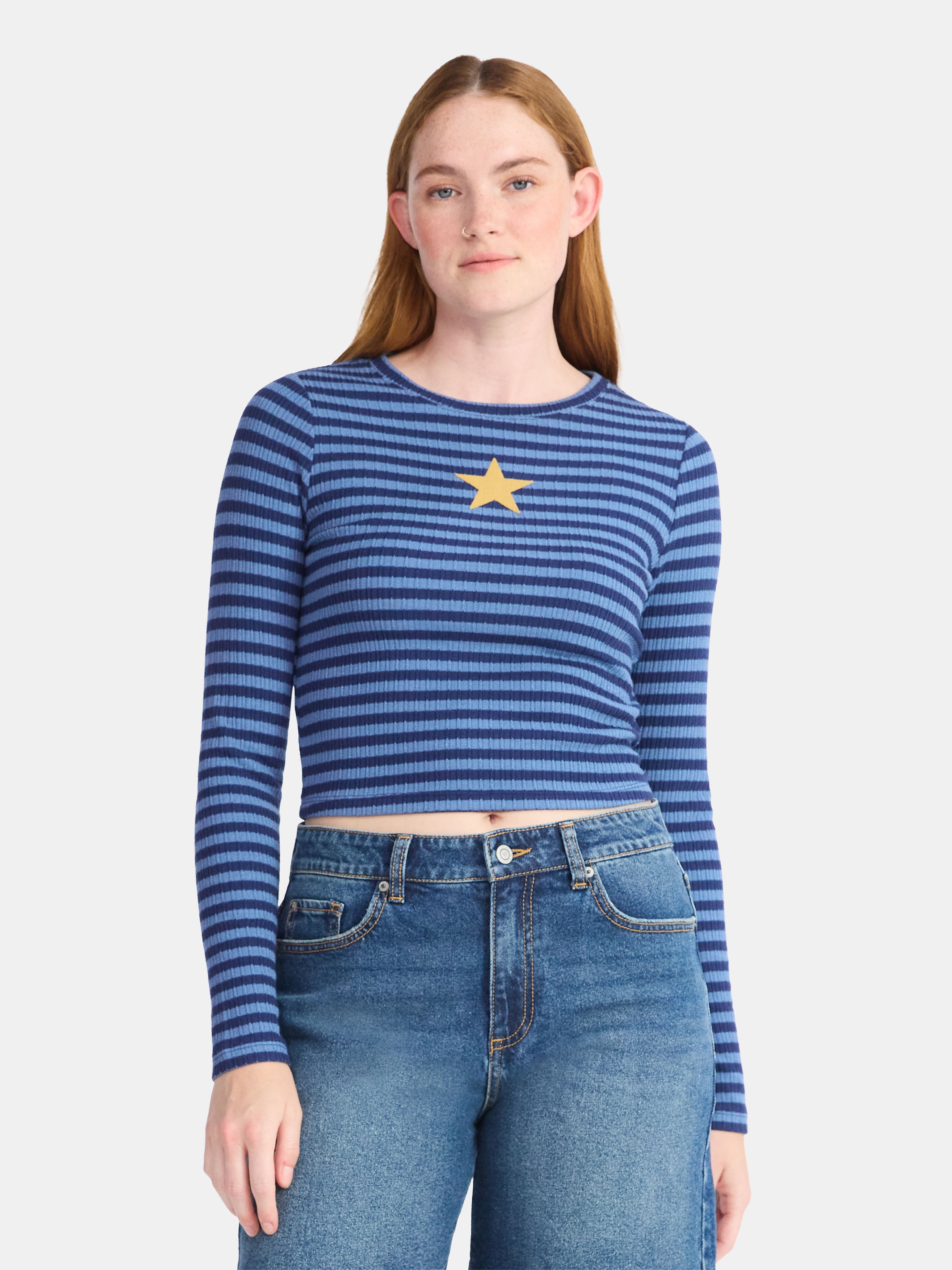 No Boundaries Graphic Striped Pointelle Top with Long Sleeves, Women’s ...