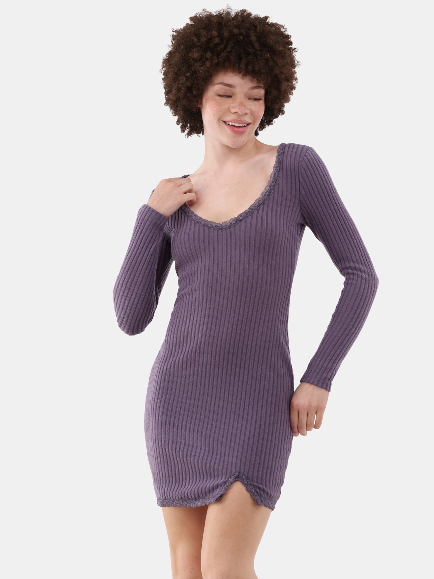 No Boundaries Ribbed Hacci Knit Mini Dress with Lace Trim, Women’s ...