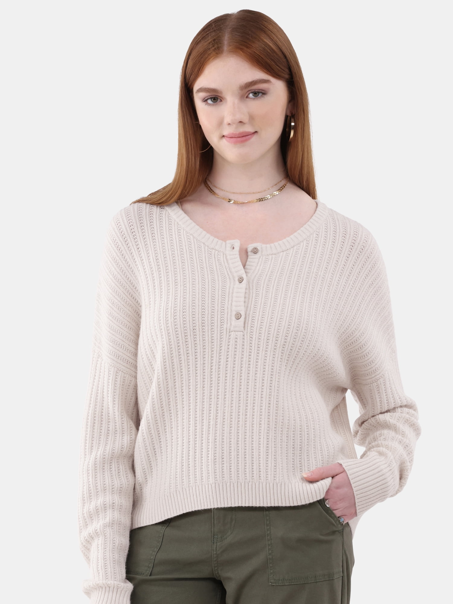 No Boundaries Henley Sweater, Women's - Walmart.com