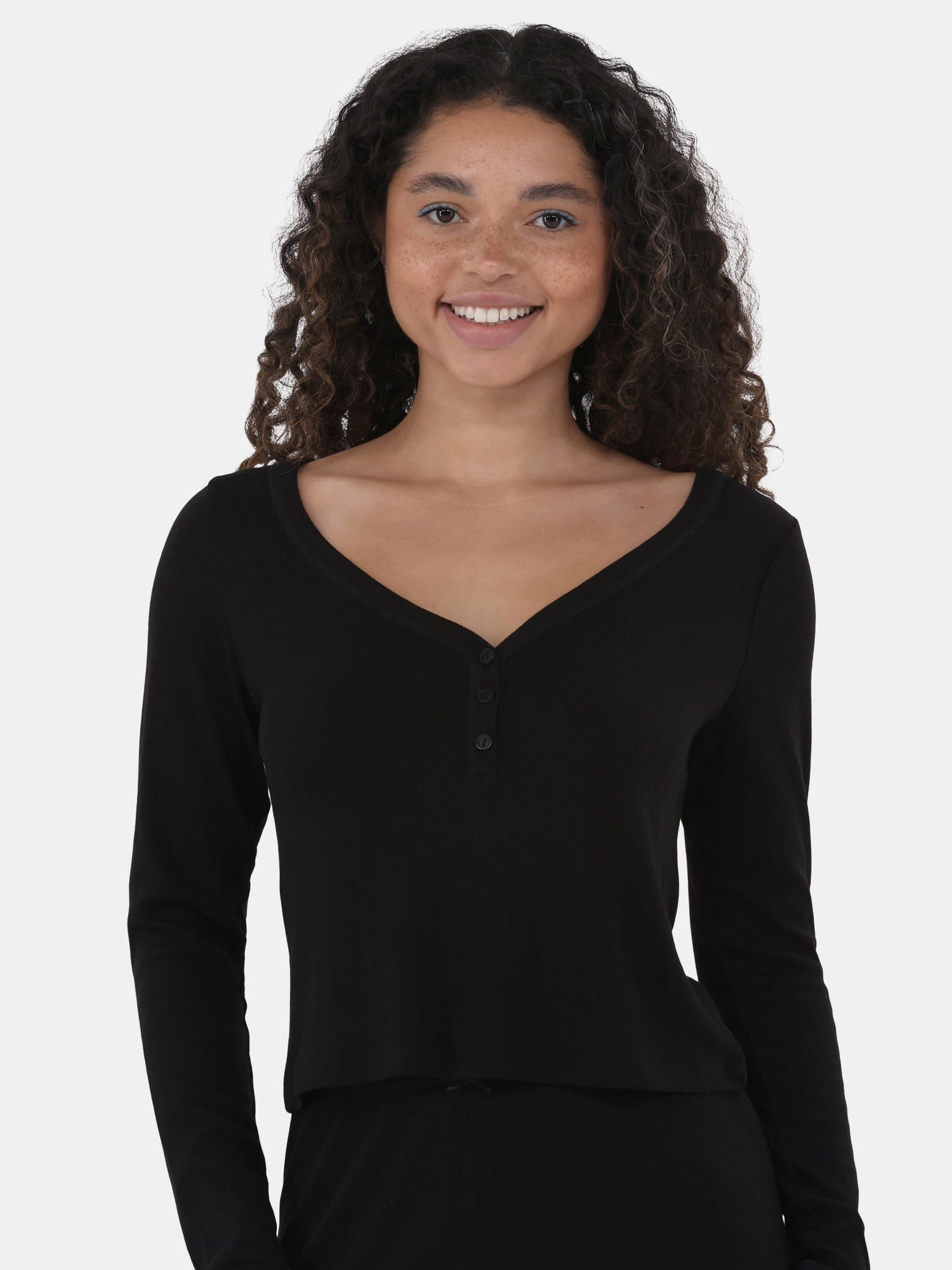 No Boundaries Pointelle Henley Sleep Top, Women’s - Walmart.com
