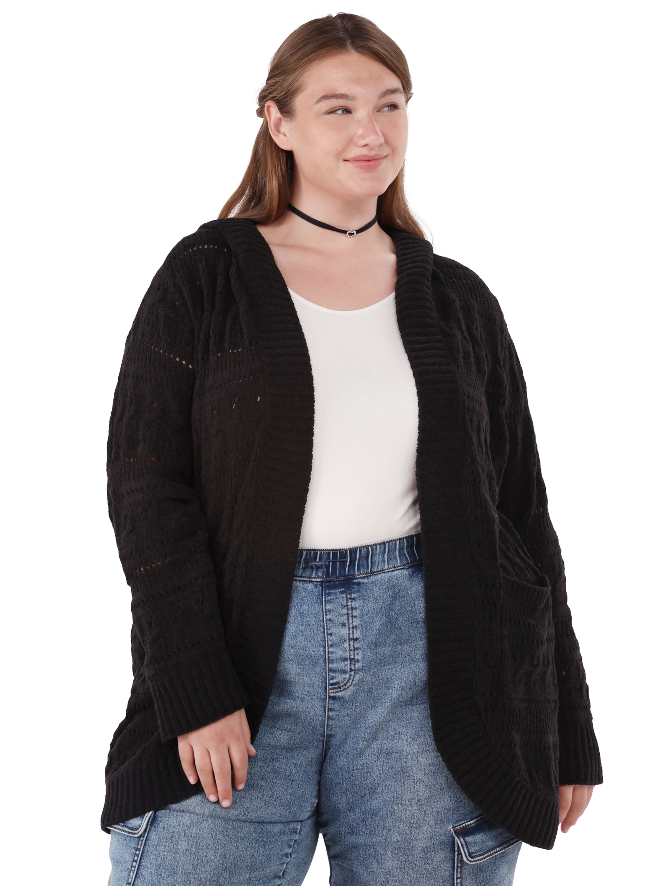 No Boundaries Hooded Cocoon Cardigan, Midweight, Women's & Plus, Chunky ...