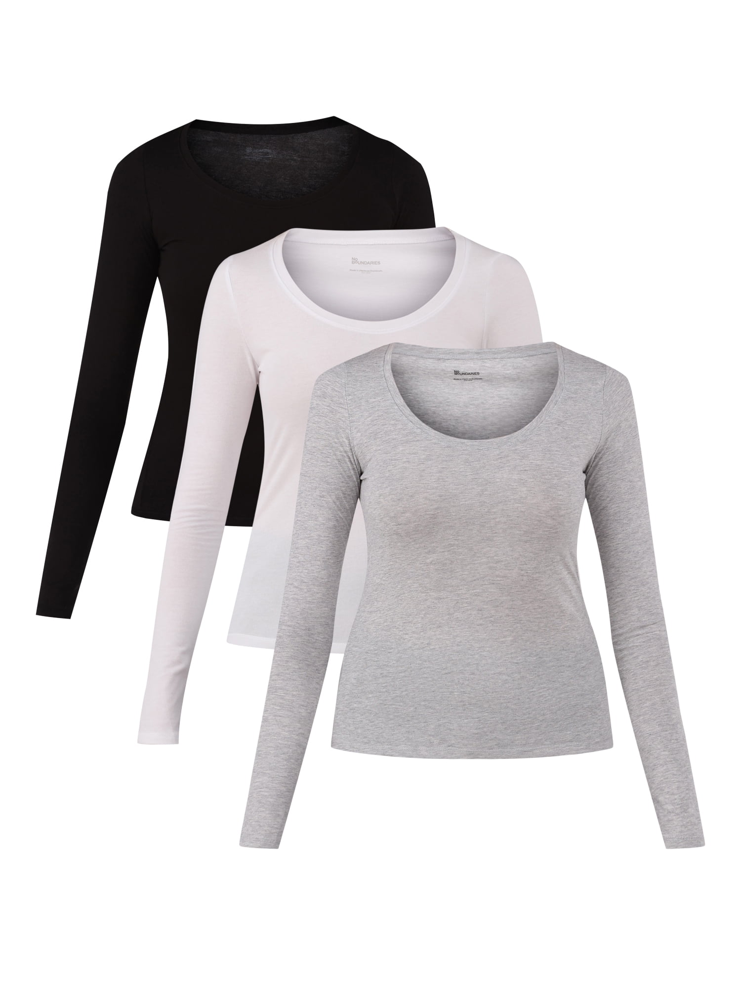 No Boundaries Scoop Neck Everyday Tee with Long Sleeves, 1 and 3 Pack ...