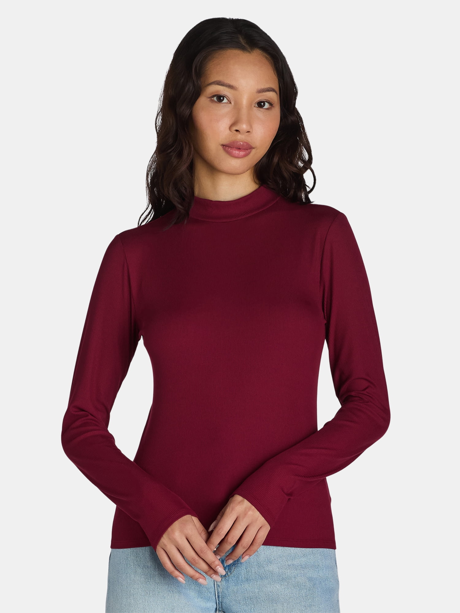 No Boundaries Ribbed Mock Neck Top with Long Sleeves, Women’s and Women ...
