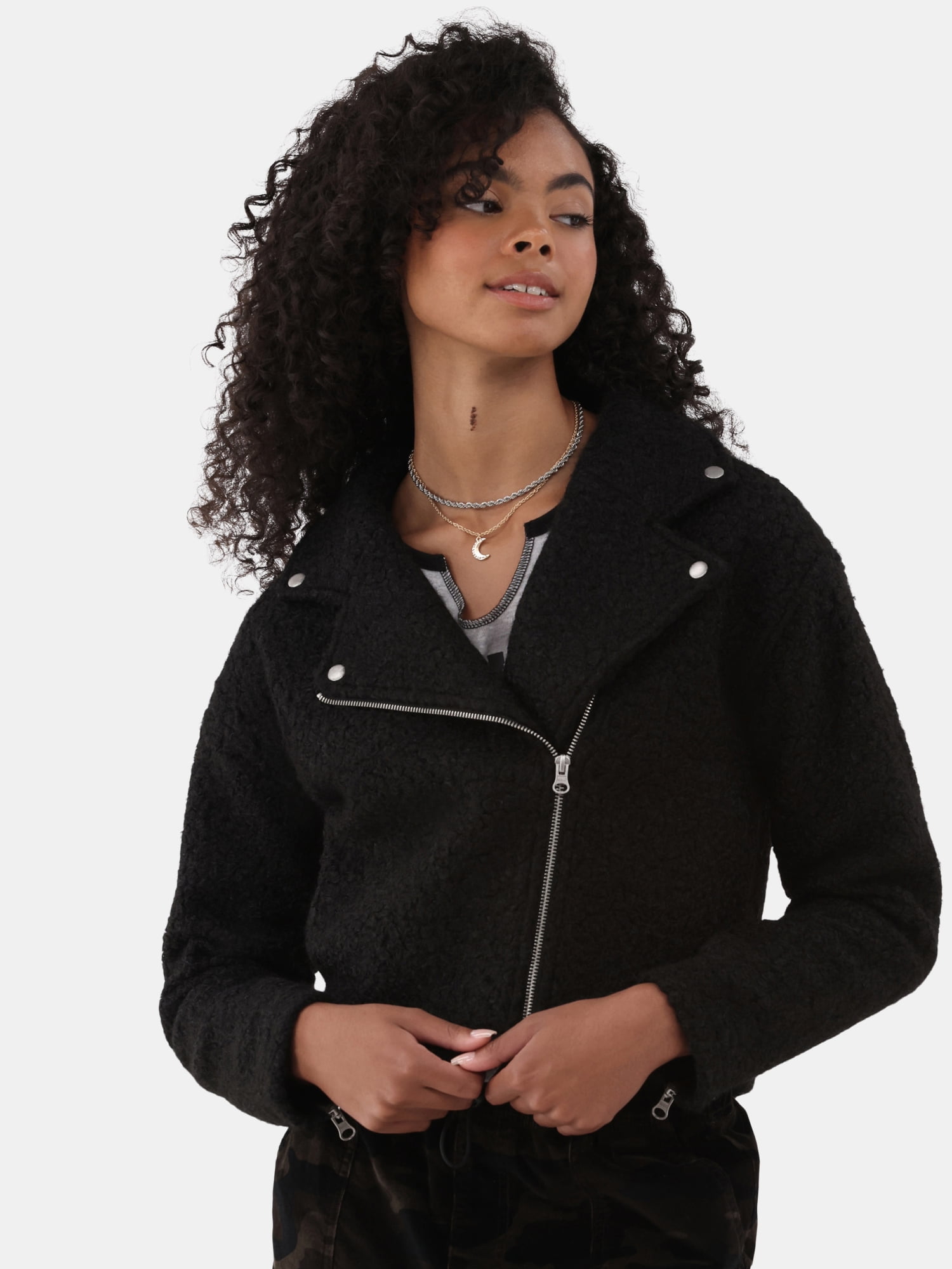 No Boundaries Asymmetric Zip Faux Shearling Moto Jacket, Women's and ...