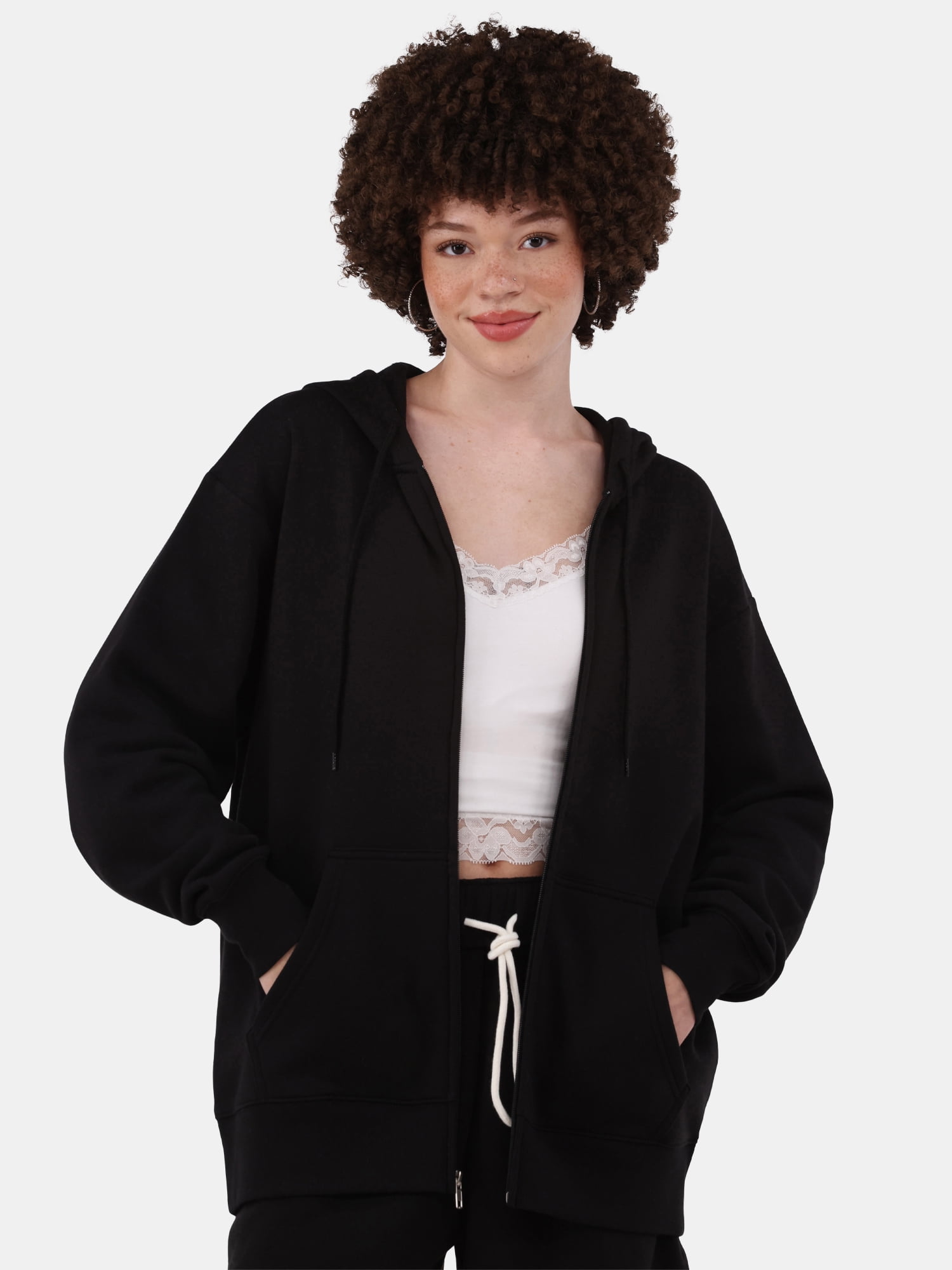 No Boundaries Oversized Zip Hoodie, Midweight, Women’s and Women’s Plus ...