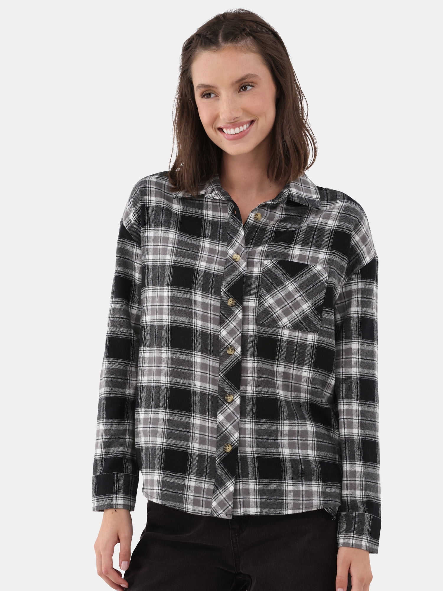 No Boundaries Plaid Flannel Shirt with Long Sleeves, Women's and Women ...