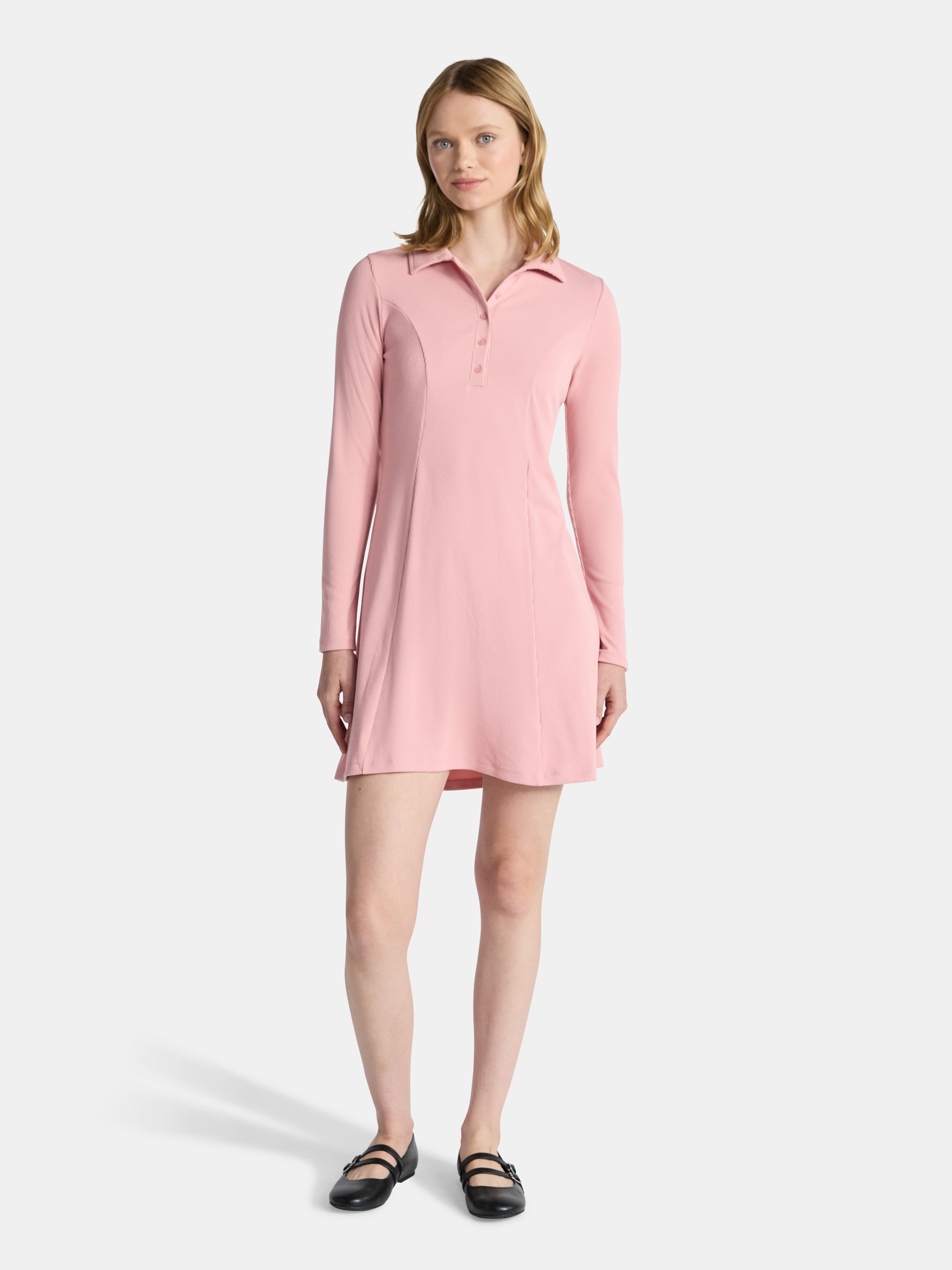 No Boundaries Ribbed Polo Dress with Long Sleeves, Women's - Walmart.com